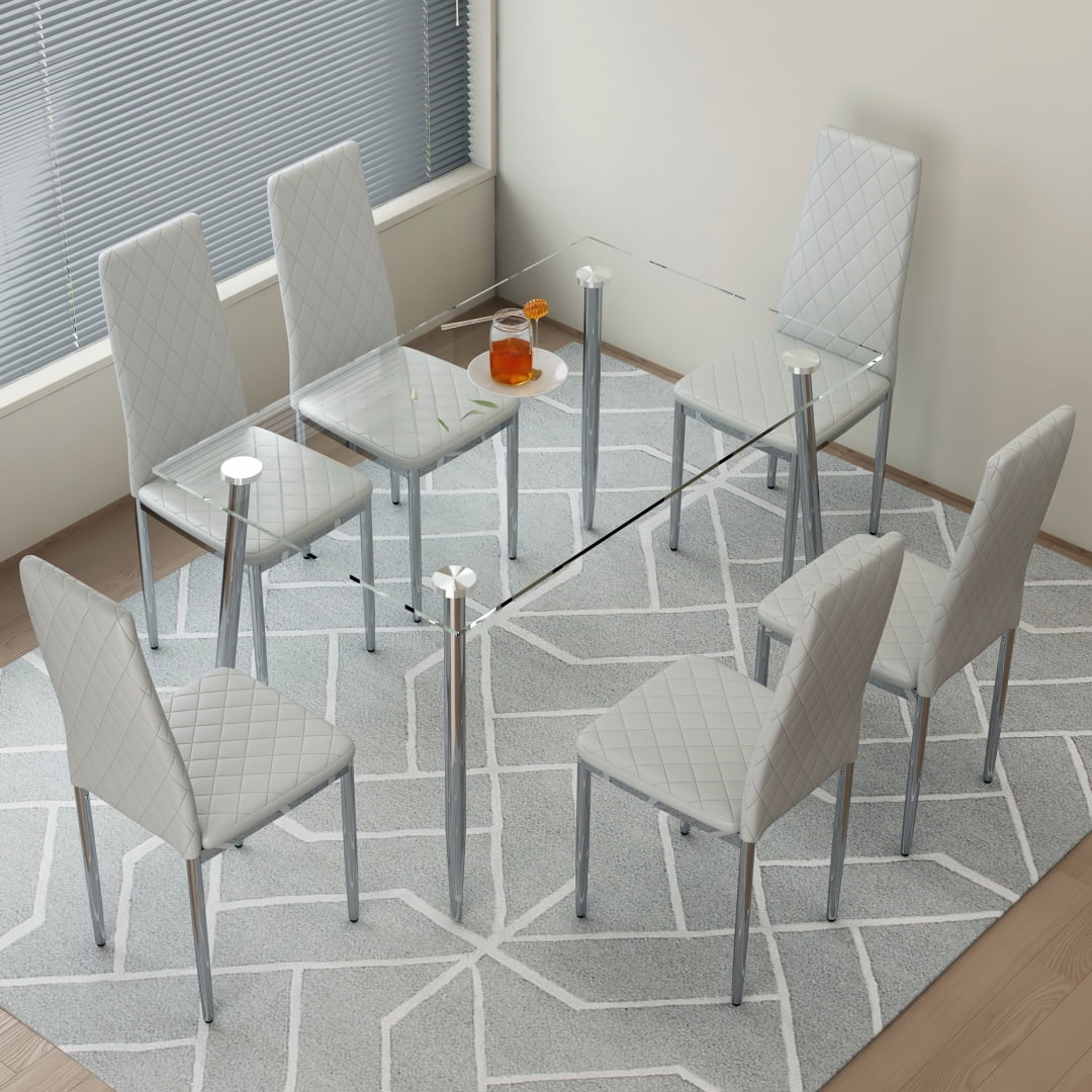 Dining Table Set for 6, Rectangular Table with Tempered Glass Tabletop ...