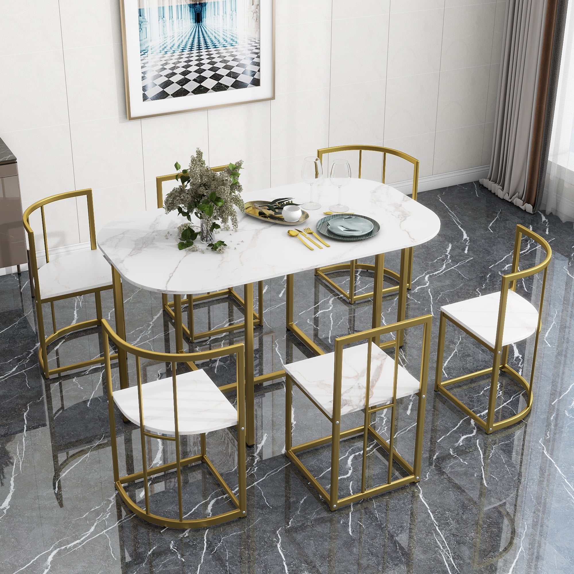 Dining Table Set for 6, Dining Room Set with 1 Faux Marble Table and 6 ...