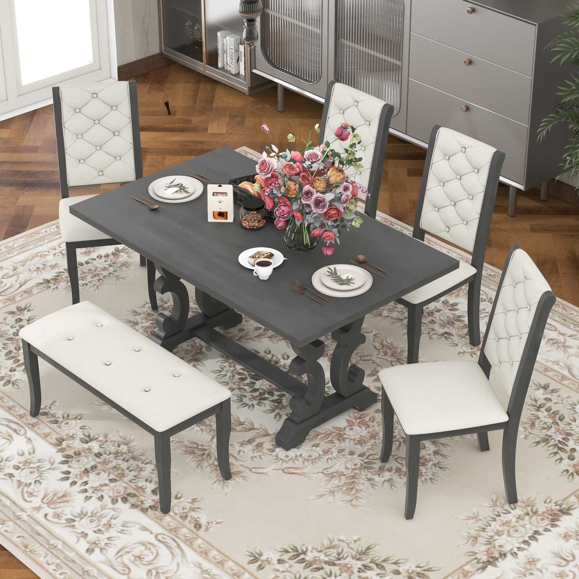Dining Table Set for 6, Solid Wood Kitchen Table with Unique-Designed Table Legs and 4 ...