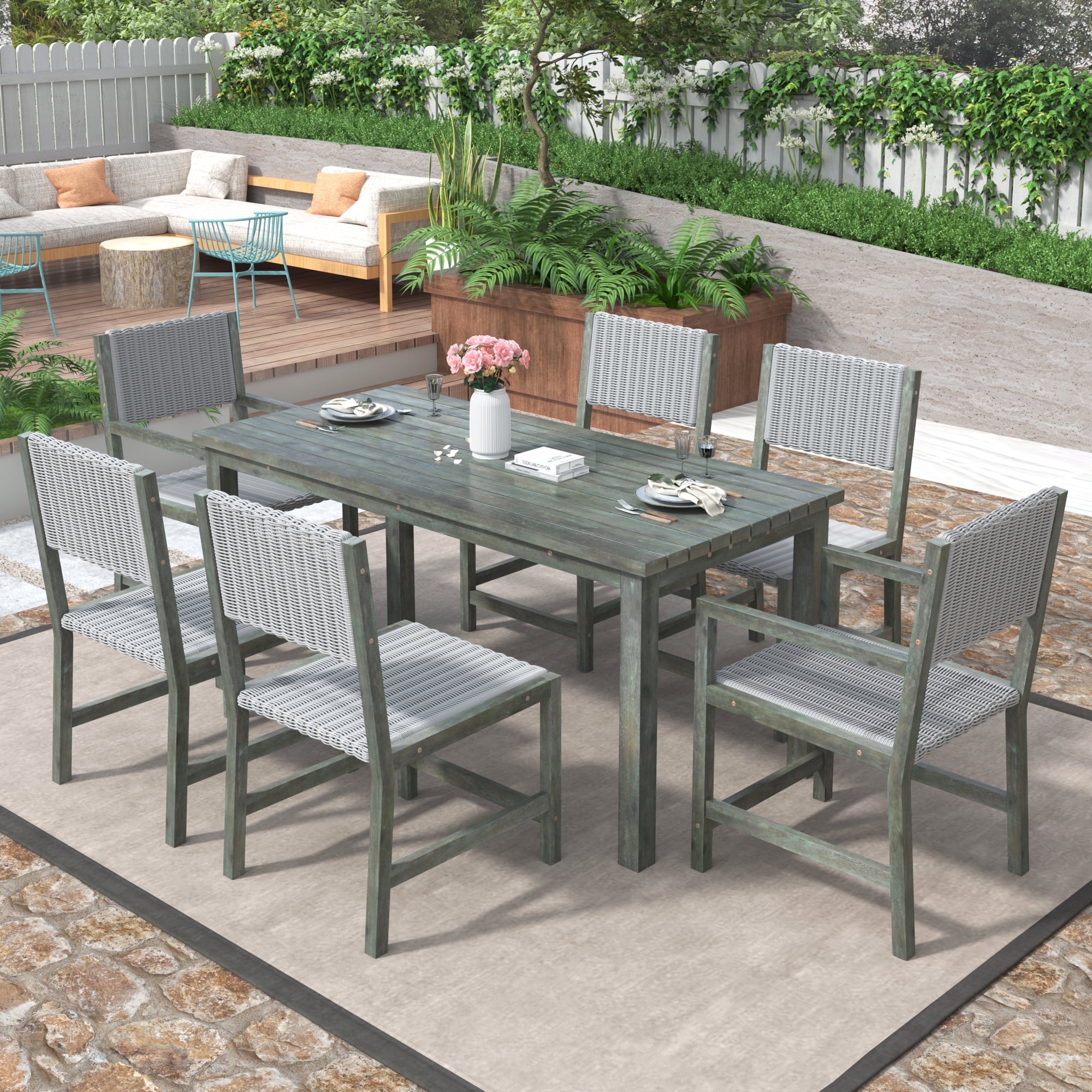 Dining Table Set, 7 Piece Acacia Wood Outdoor Dining Table and Chairs ...