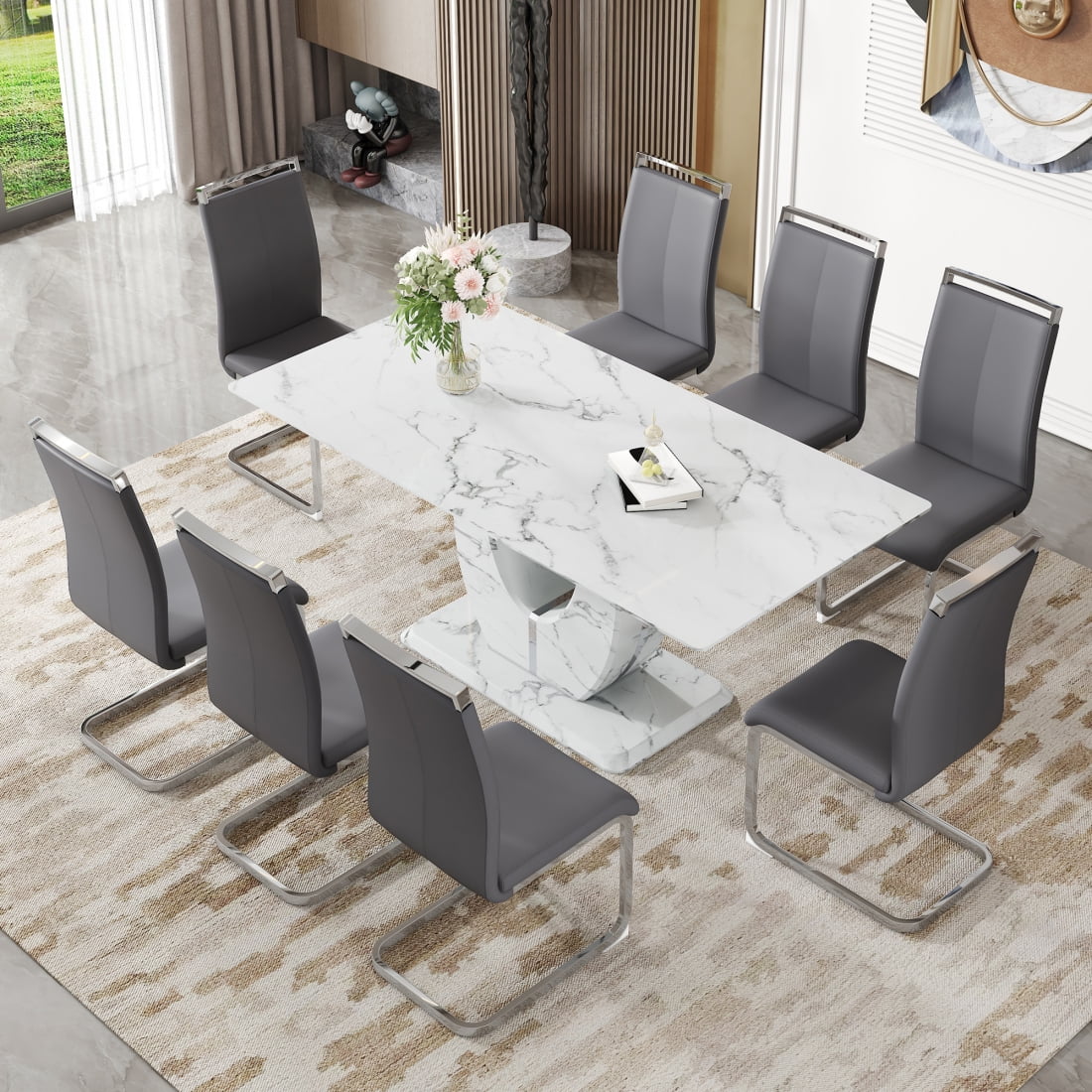 Dining Table Set for 8, Modern Kitchen Table Set with 71" Marble ...