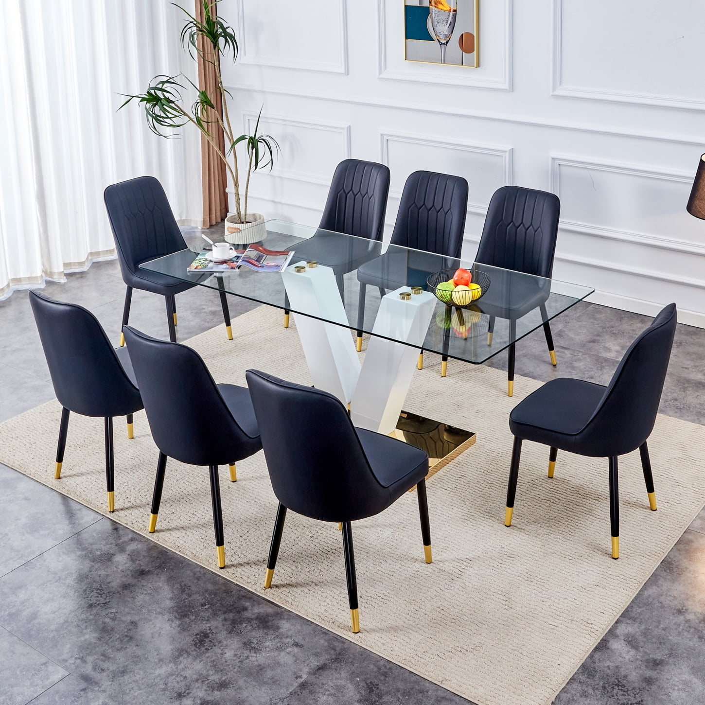 Dining Table Set for 8, Tempered Glass Dining Room Table Set with 8 PU ...