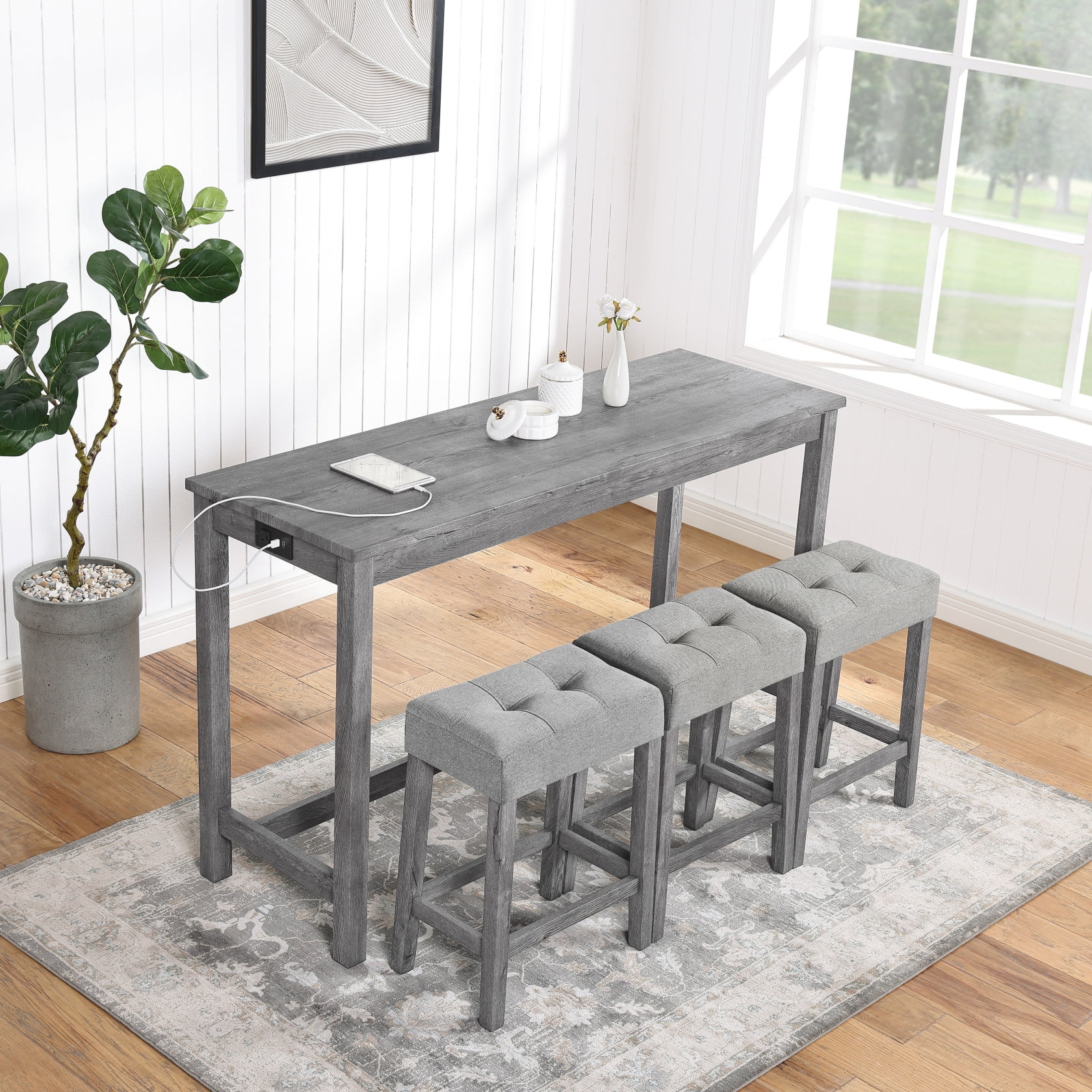 Grey 4-Piece High Dining Table Set with Upholstered Cushion Stools and Power Outlet - Walmart.com