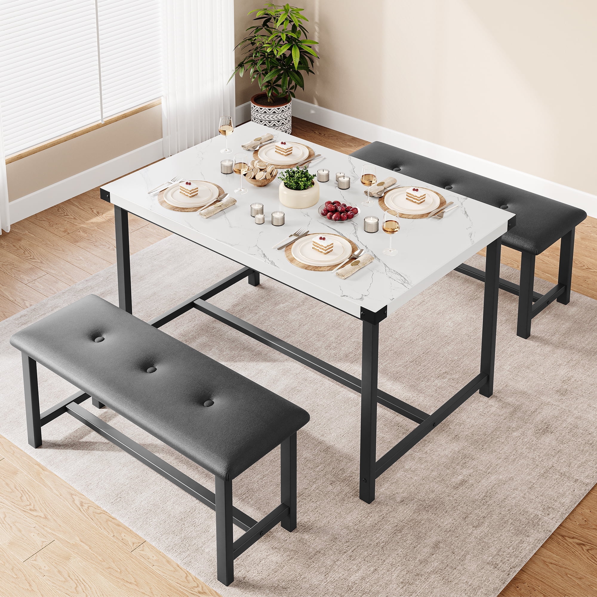 Cabihome Dining Table Set, Rectangular Kitchen Table with 2 Upholstered ...