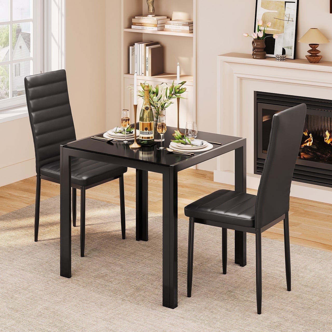 Dining Table Set for 2 3 Pieces Glass Kitchen Table and PU Leather Chairs Set for Small Space Black