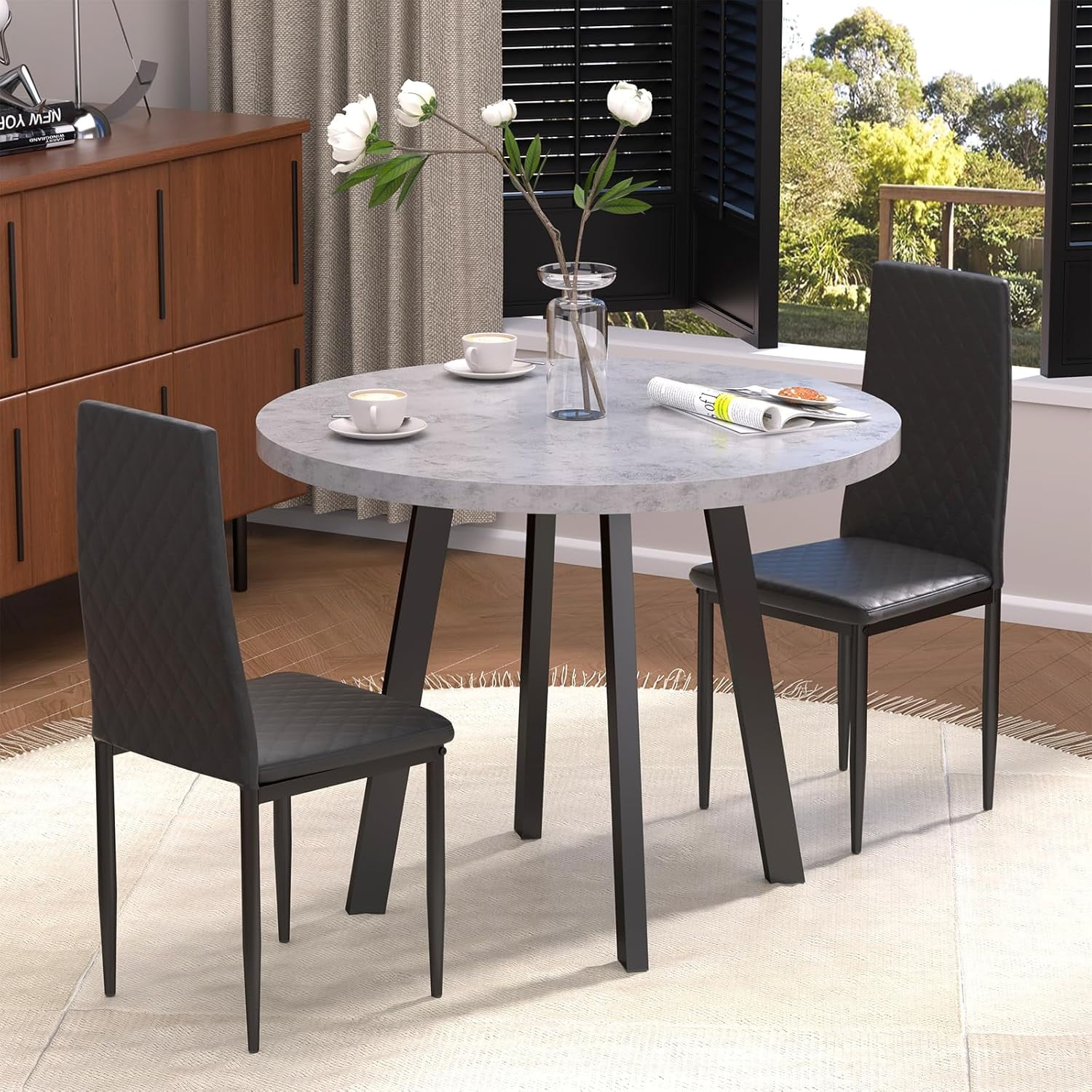 2-Piece Modern Round Dining Table Set with 2 Black Chairs - Compact for ...