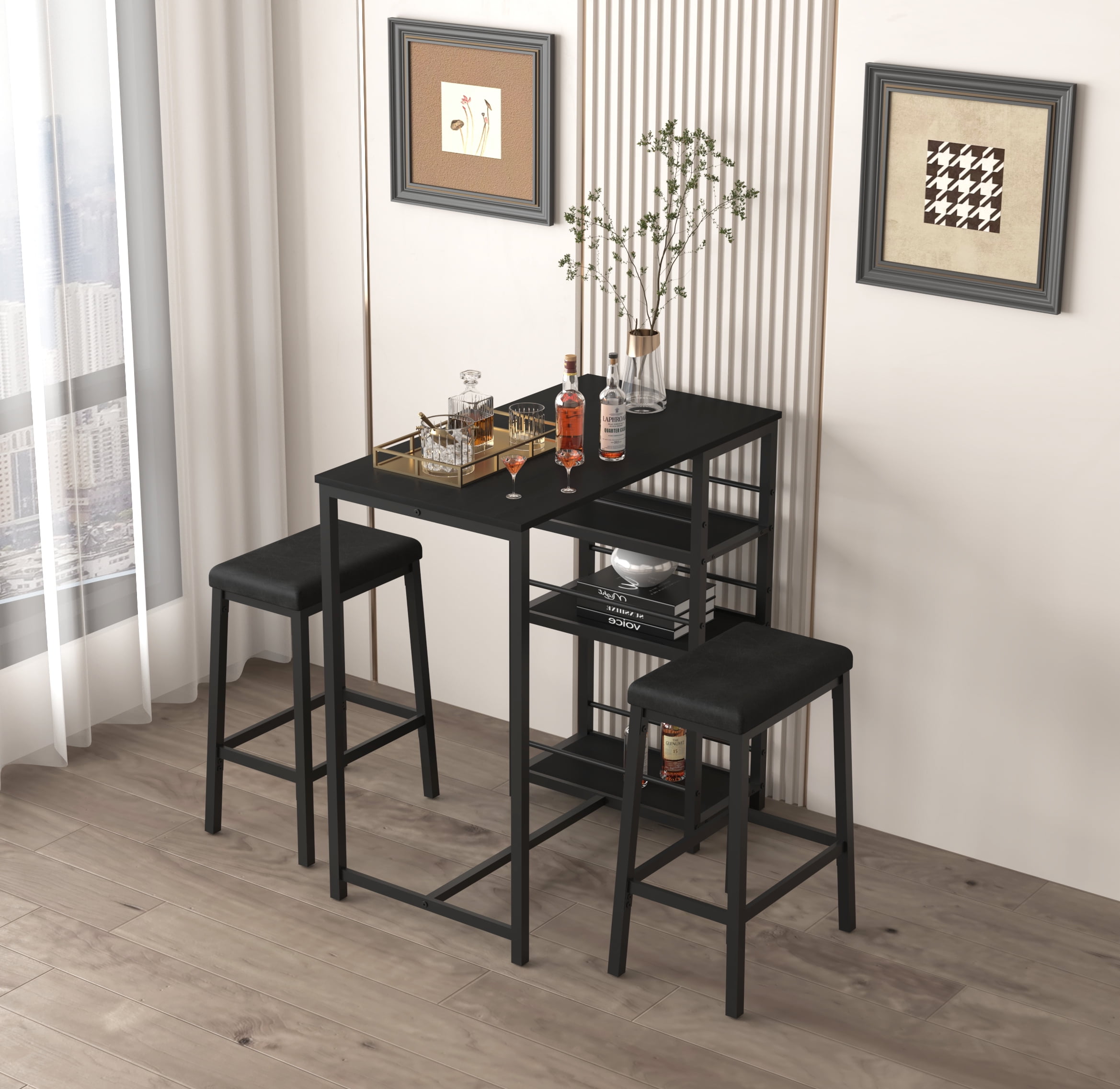 Dining Table Set for 2 with 3 Large Storage Shelves, Kitchen Stools ...