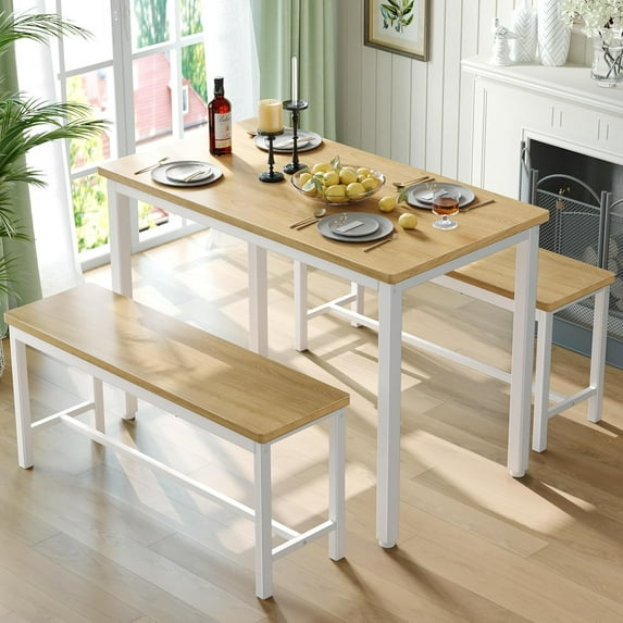 Dining Table Set for 4, 3-Piece Kitchen Table with 2 Benches, Space ...