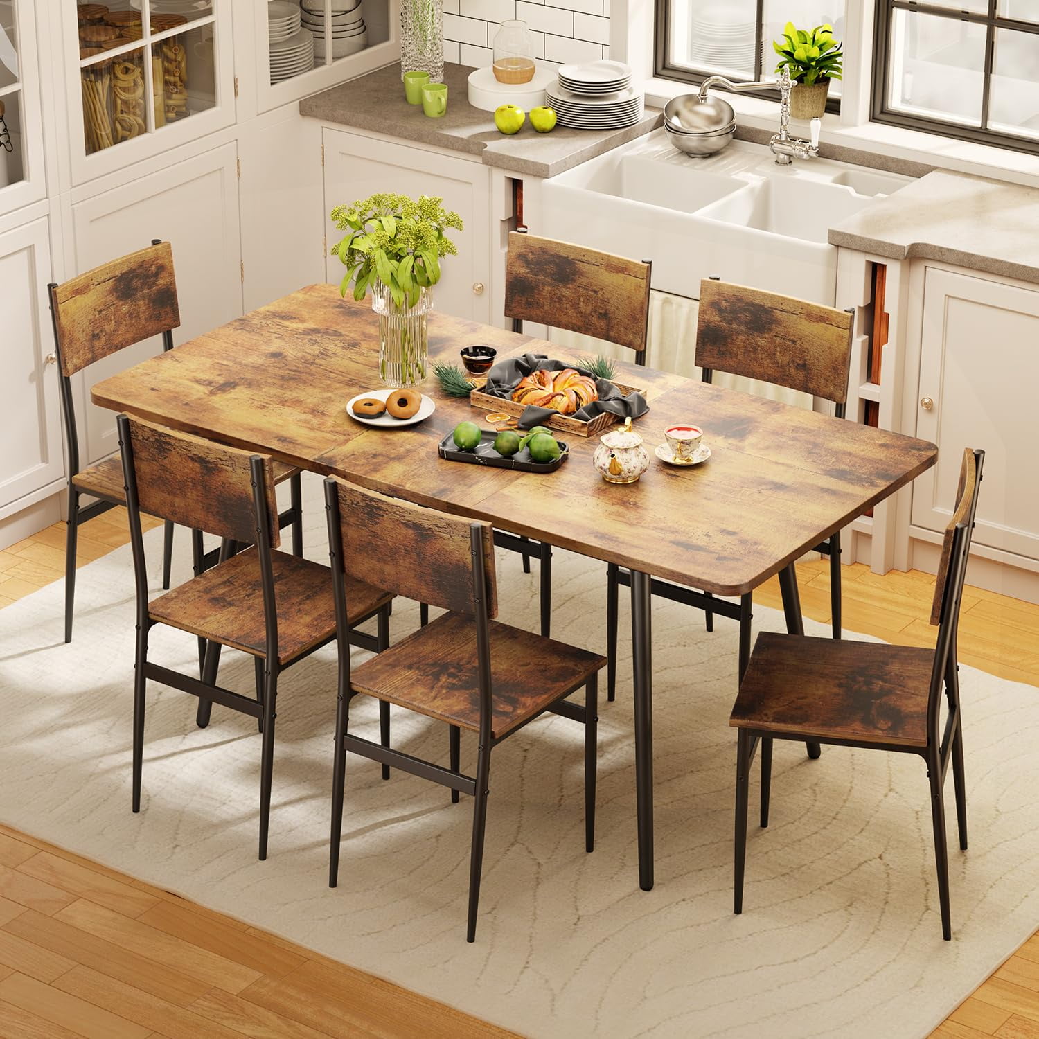 Dining Table Set for 4-6 People, Adjustable Kitchen Table Length with 6 ...