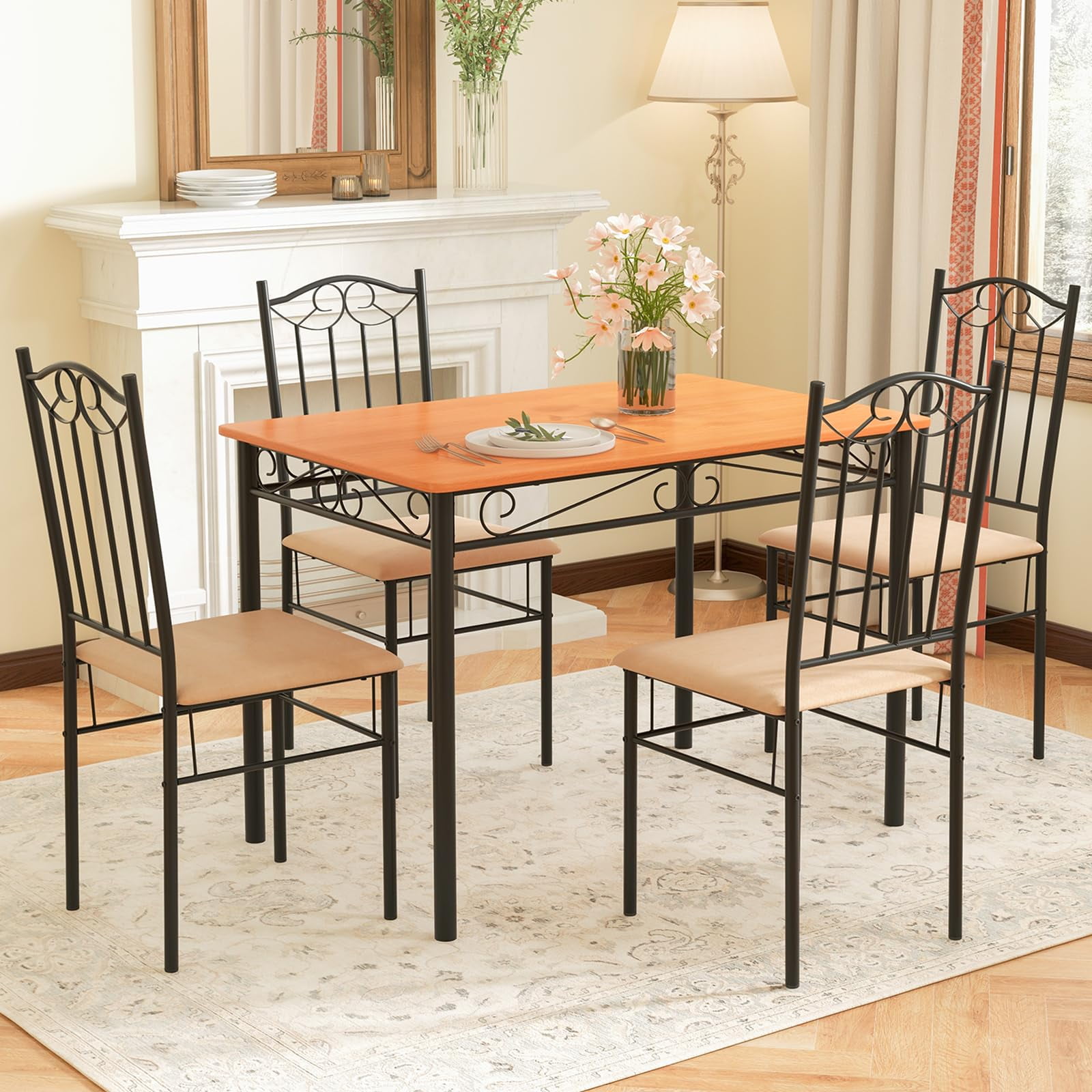Dining Table Set for 4, Dining Room Table Set with Metal Frame & Padded ...