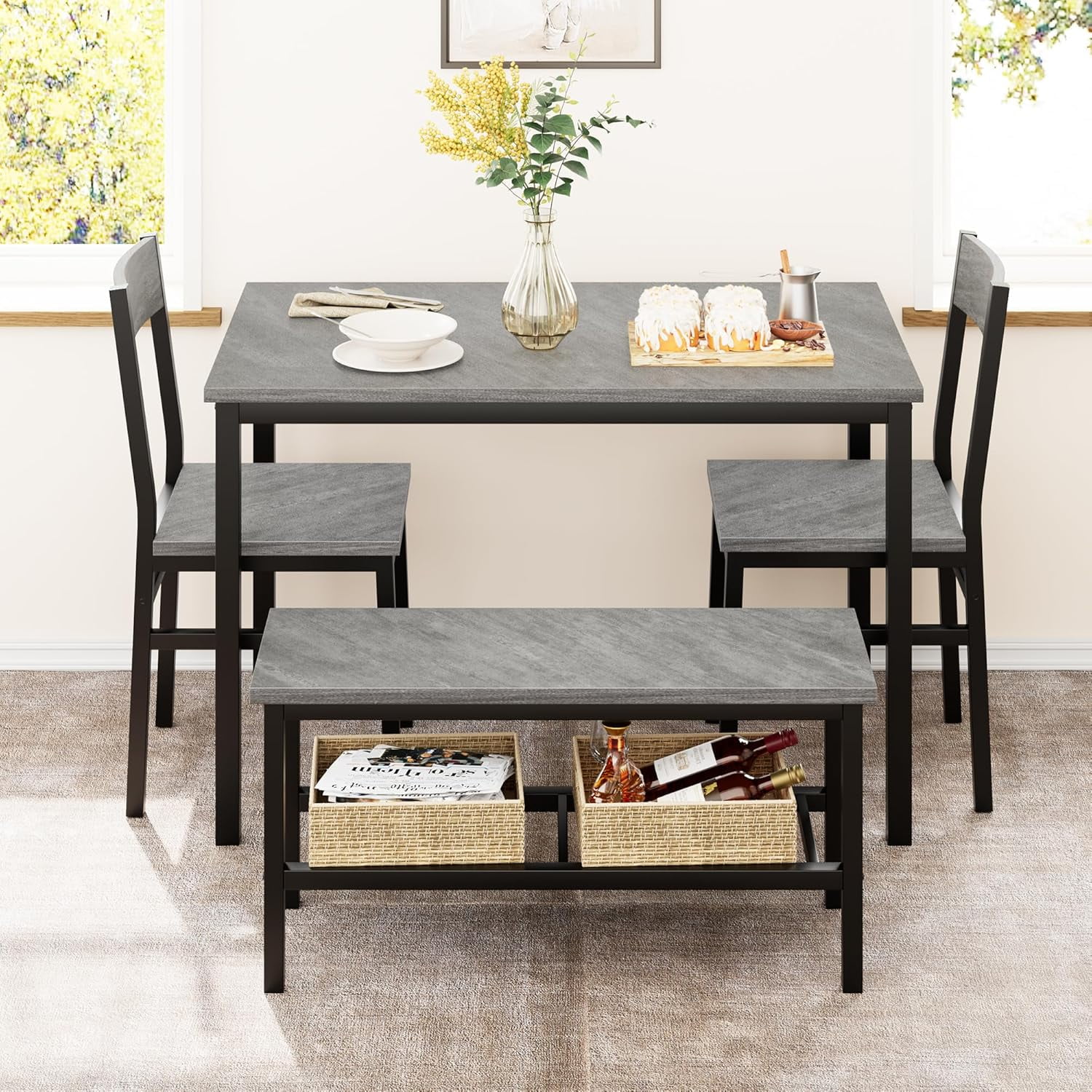 Dining Table Set for 4,Kitchen Table with 2 Chairs,Bench,4 Piece Dining ...