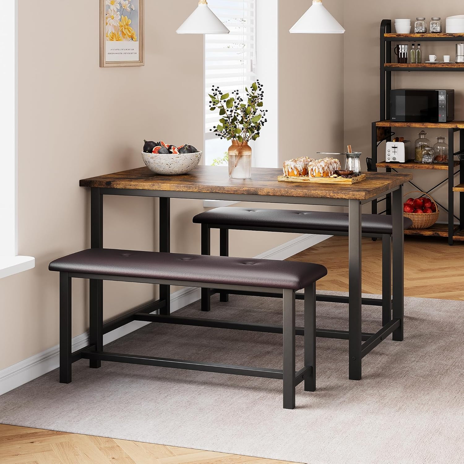 Dining Table Set for 4, Kitchen Table with 2 Upholstered Benches, 3 ...