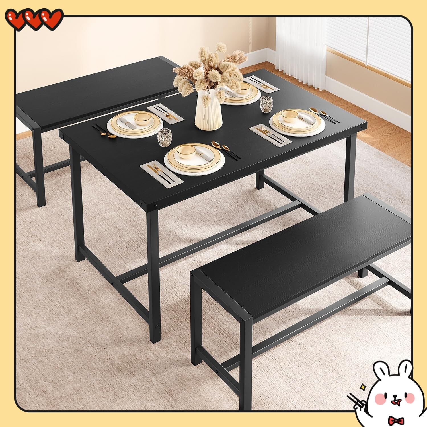 Dining Table Set for 4, Kitchen Table with Benches, Rectangular Dining ...