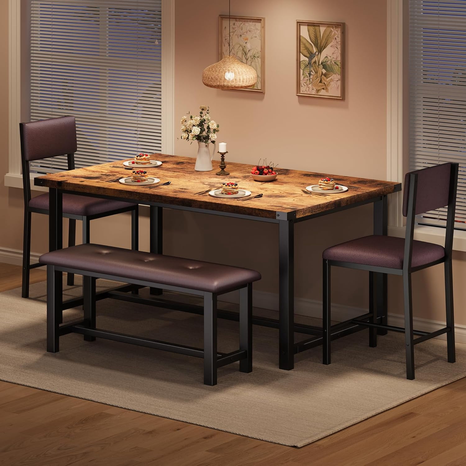Dining Table Set for 4 Kitchen Table with Upholstered Bench and 2 ...