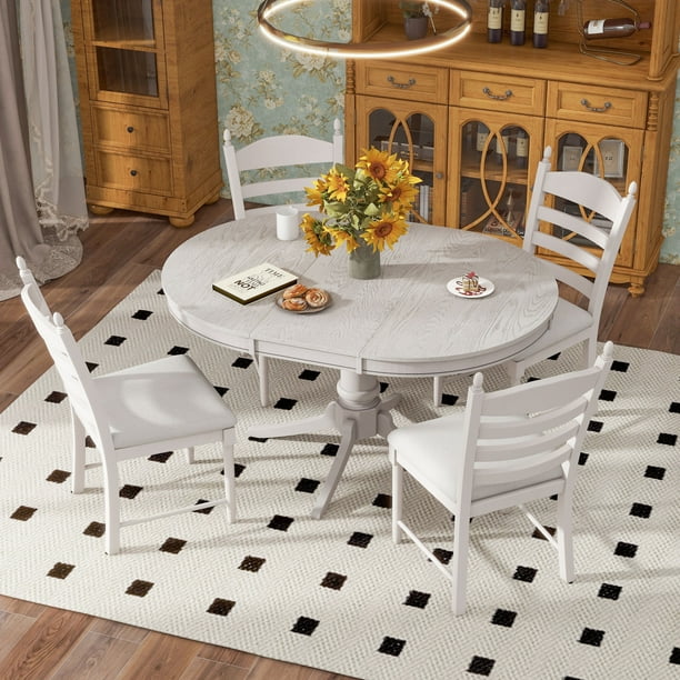 Dining Table Set for 4 Modern 5 Piece Dining Set with Wood Round Extendable Dining Table and 4 Upholstered Dining Chairs Antique White