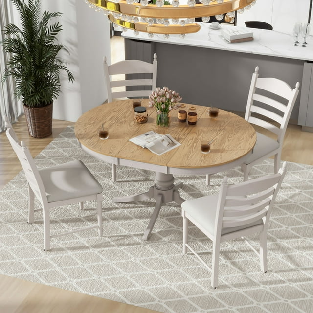 5-Piece Modern Dining Set for 4, Extendable Round Wood Table and 4 ...