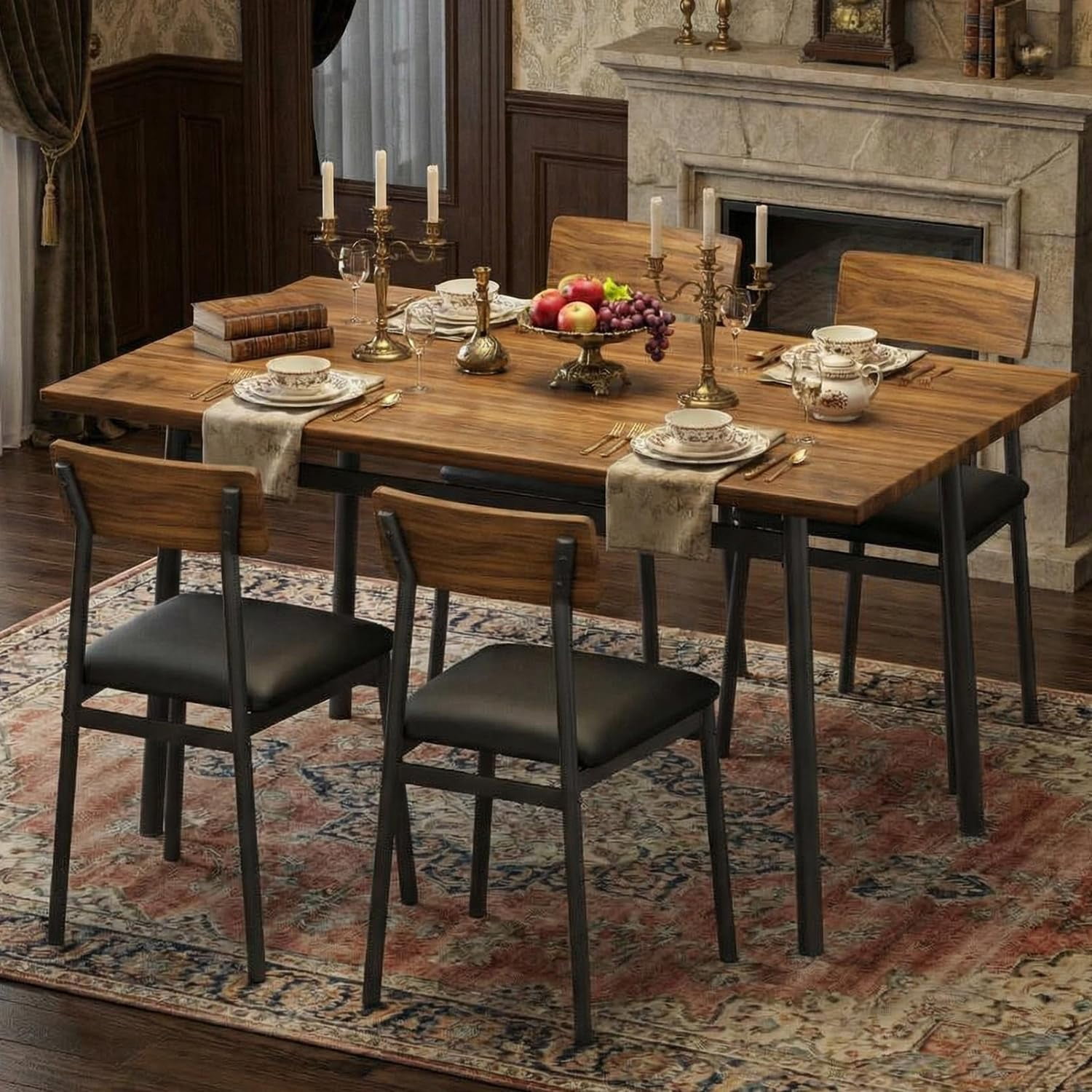 Dining Table Set for 4, Modern Kitchen 1 Table 4 Upholstered Chairs, PU ...