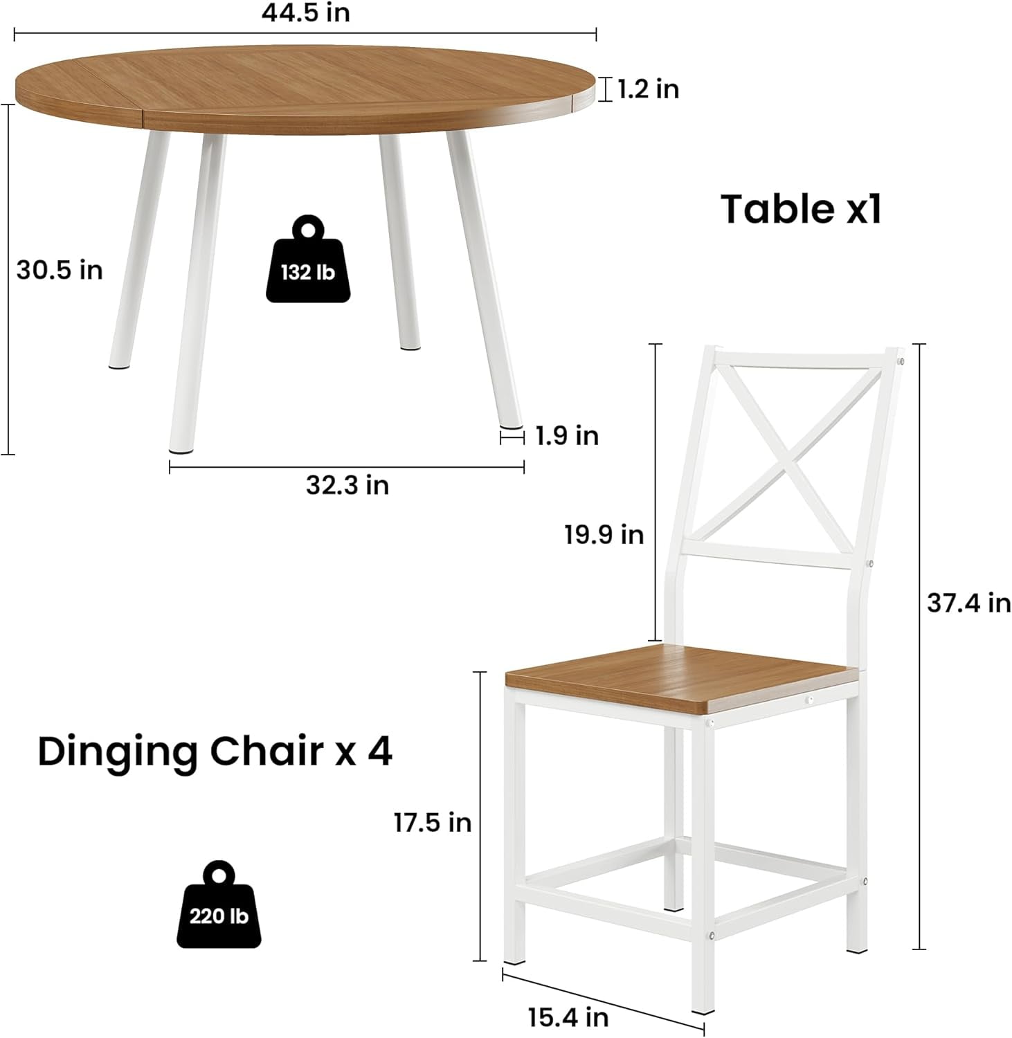 Dining Table Set for 4, Round Kitchen Table with Drop Leaf and 4 Stool ...