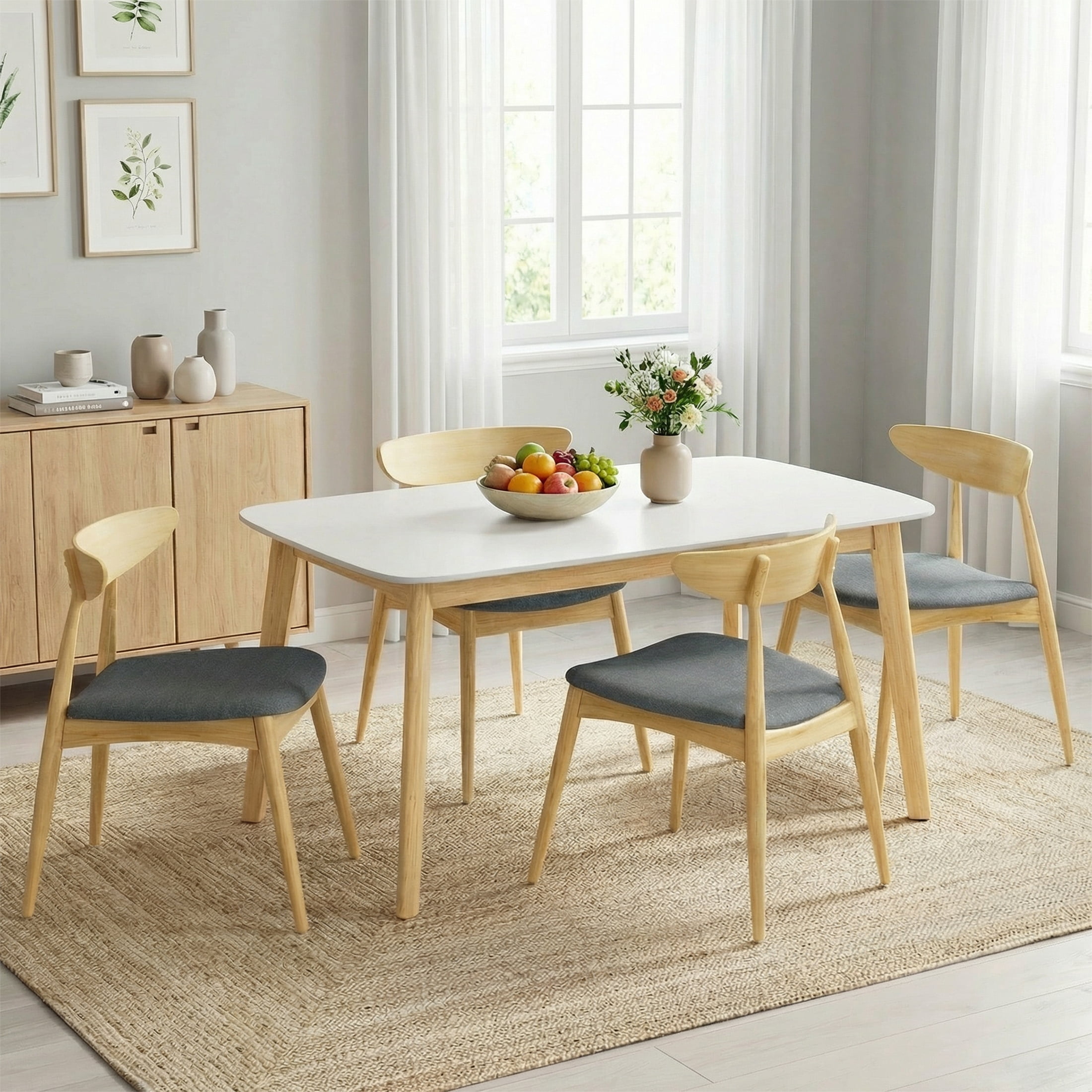 Dining Table Set for 4, Rubberwood Kitchen Table with 4 Ergonomic ...