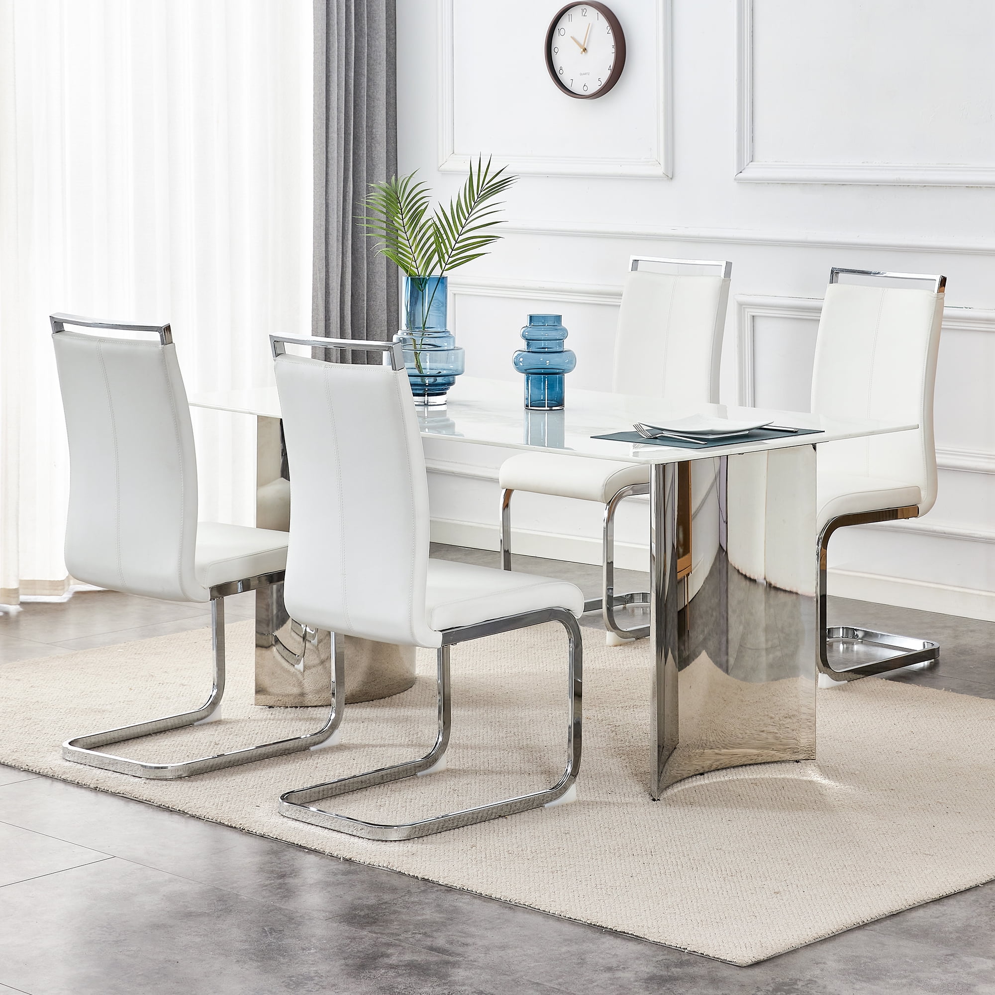 Dining Table Set for 4，Sudica 63" Faux Marble White Rectangular Dining ...