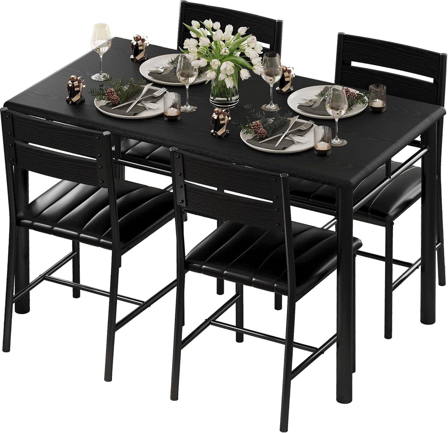 Dining Table Set for 4, Wood Kitchen Table with Upholstered Chairs for ...