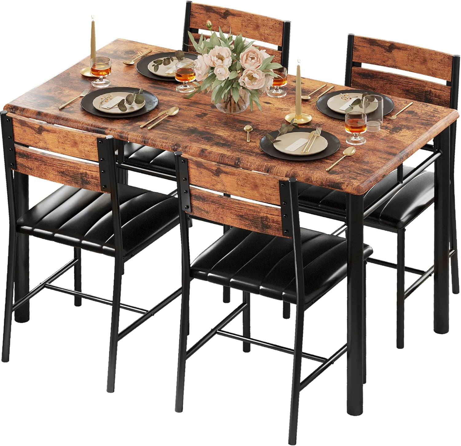Dining Table Set for 4, Wood Kitchen Table with Upholstered Chairs for ...