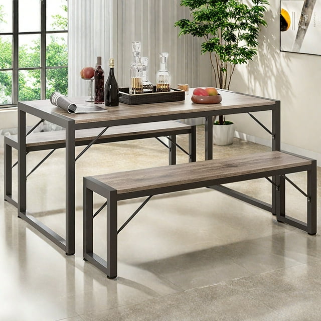 Lofka Gray Dining Room Kitchen Table Set for 4 with Benches, Ideal for ...