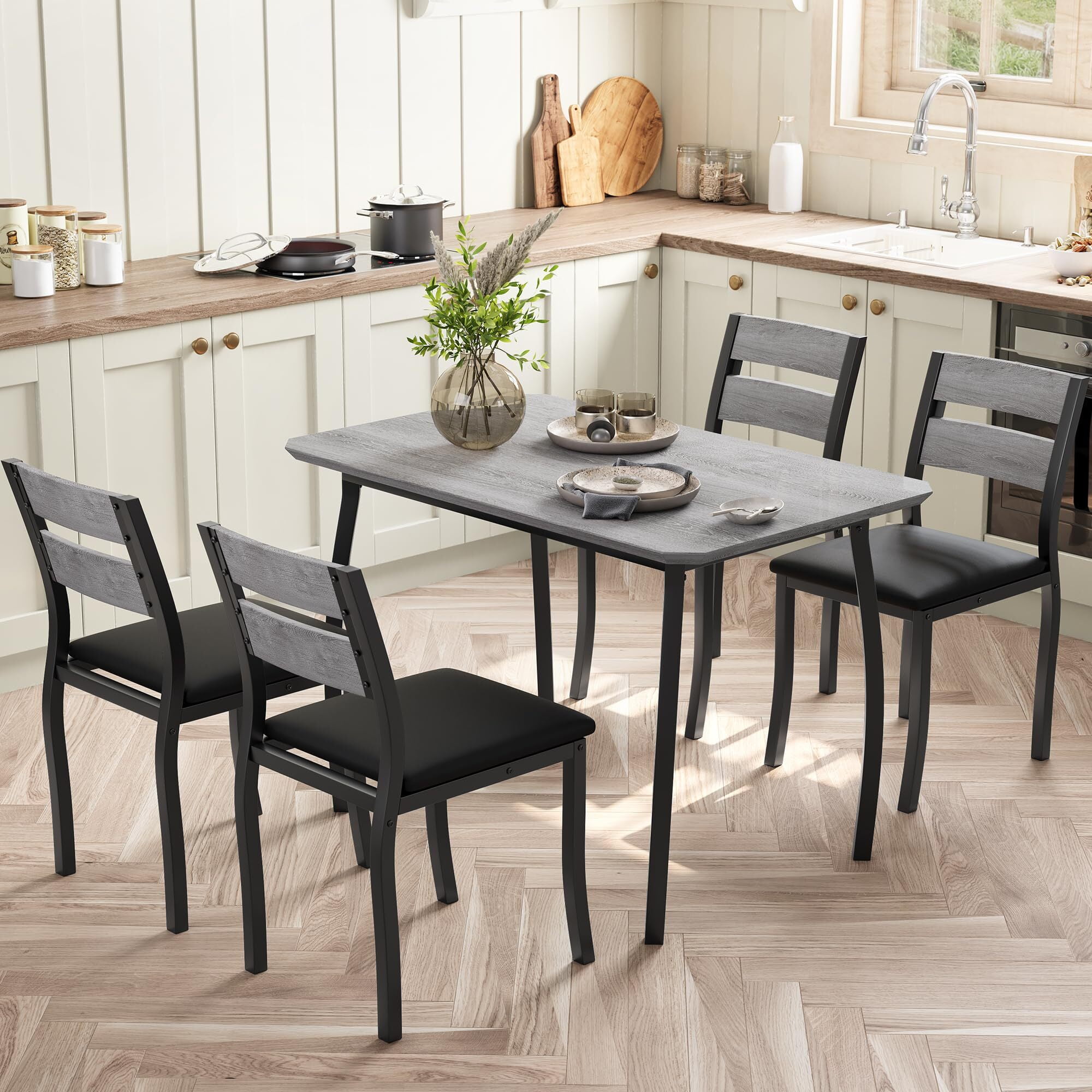 Dining Table Set for 4,with Chamfered Edges & Cushioned Seats, Space ...