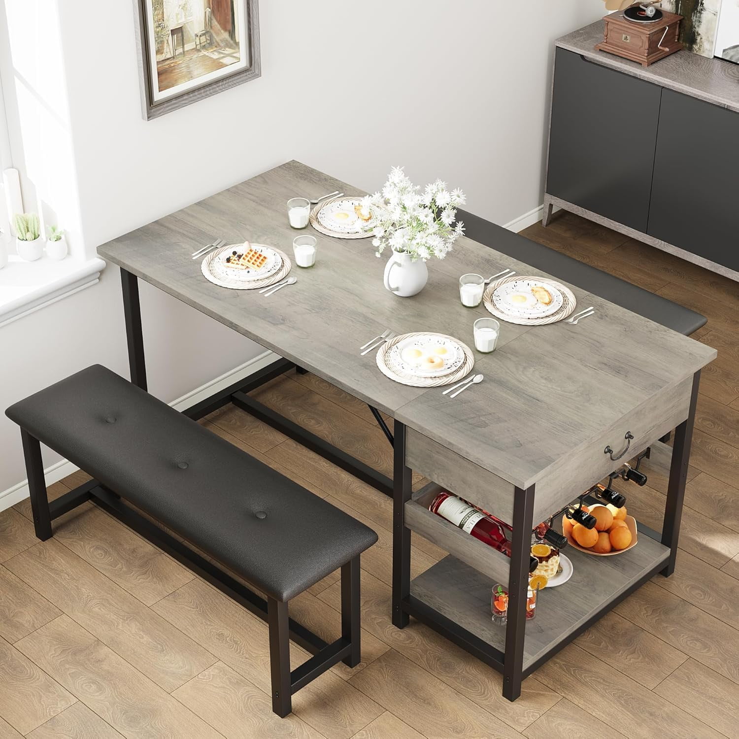 Dining Table Set for 4 with Upholstered Benches, Space-Saving Kitchen ...
