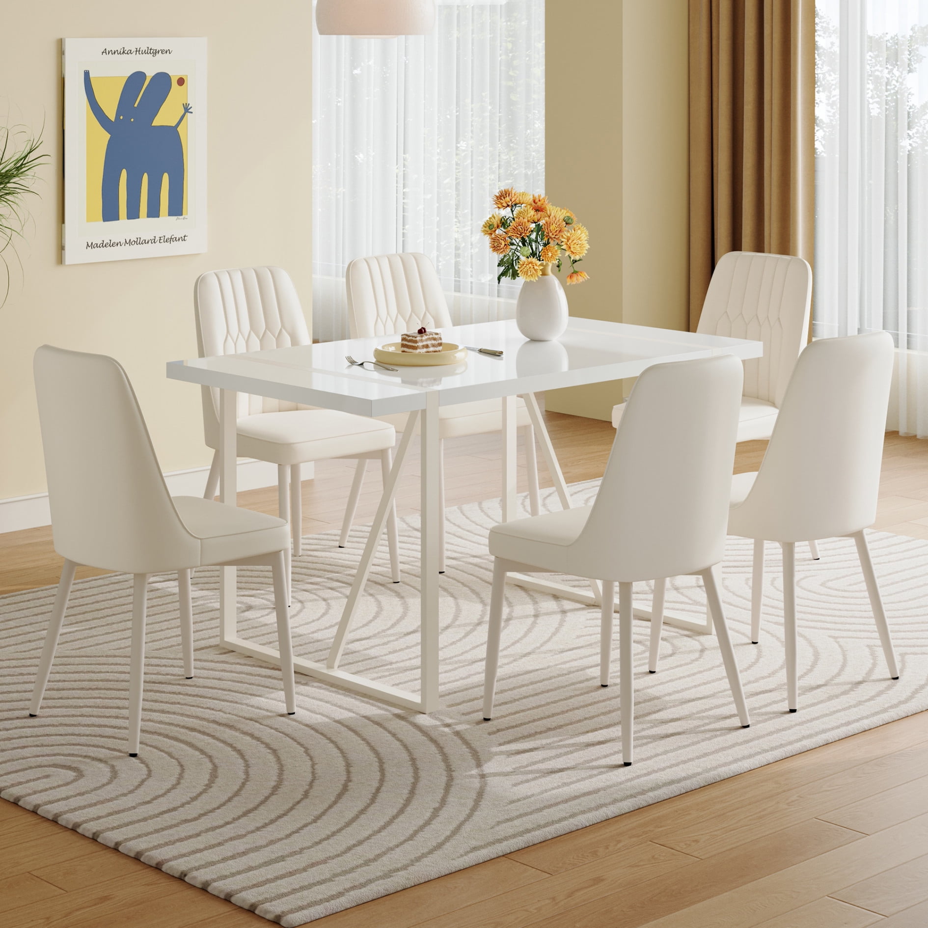 Dining Table Set for 6, Cream Style MDF Dining Table Set with 6 White ...