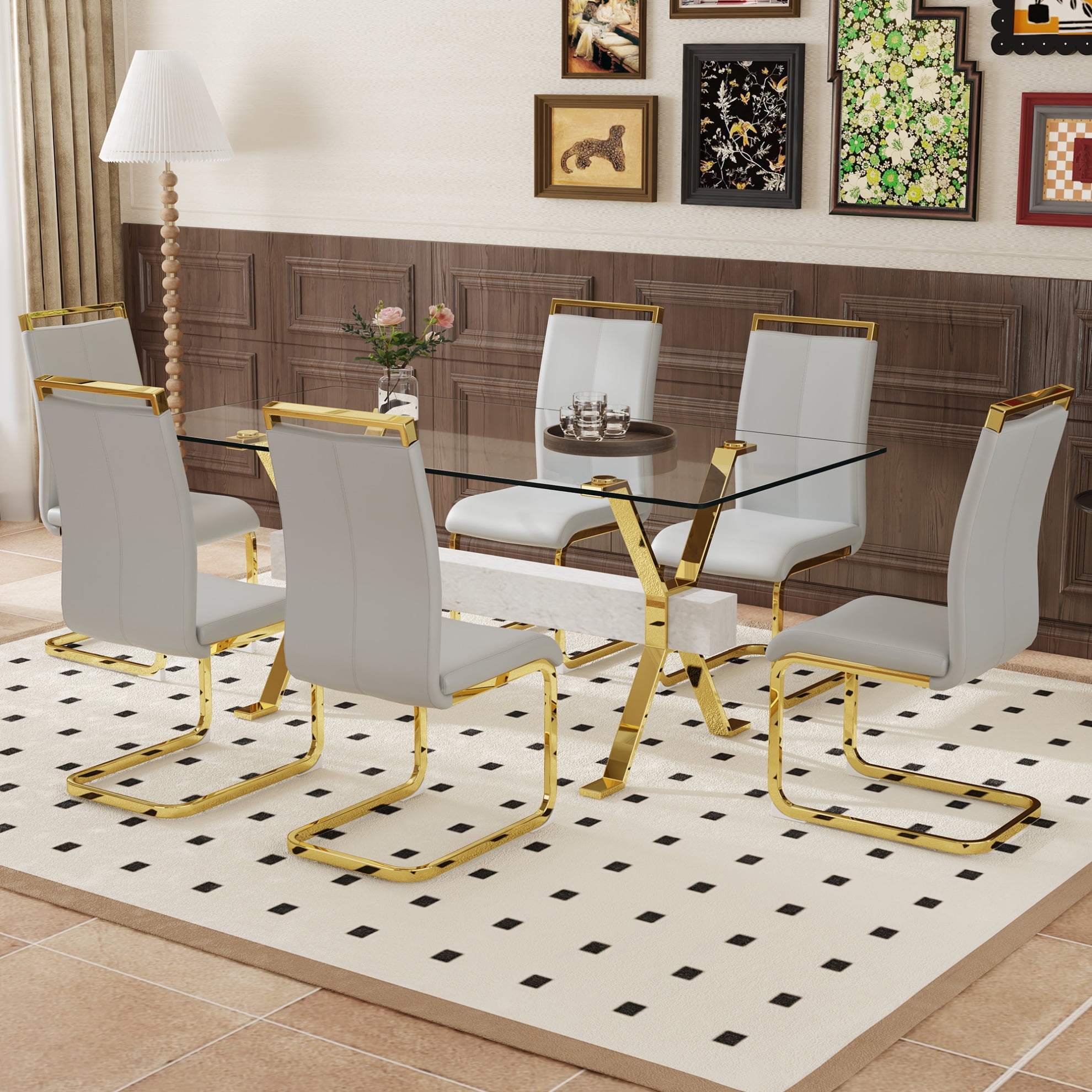 Dining Table Set for 6, Elegant Transparent Tempered Glass Dining Table ...