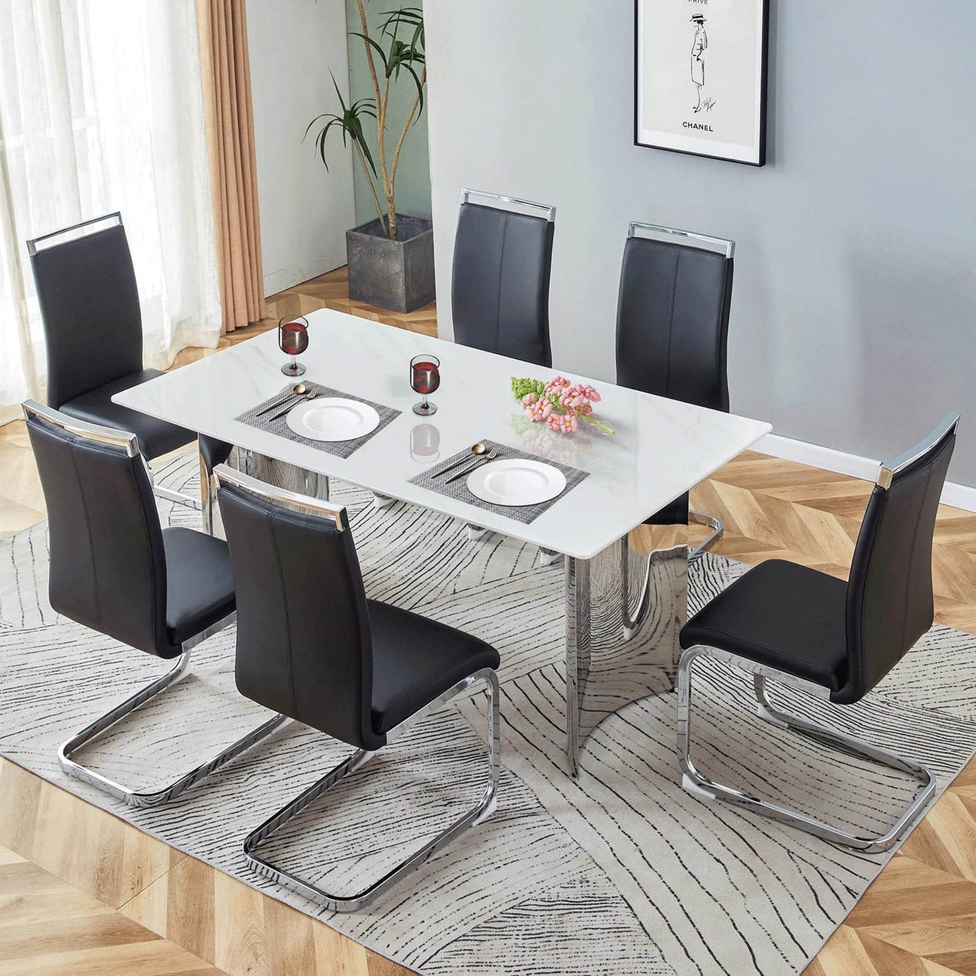 SUDICA 7-Piece Dining Table Set, 63" White Faux Marble Rectangular Table with Chrome Base and 6 ...