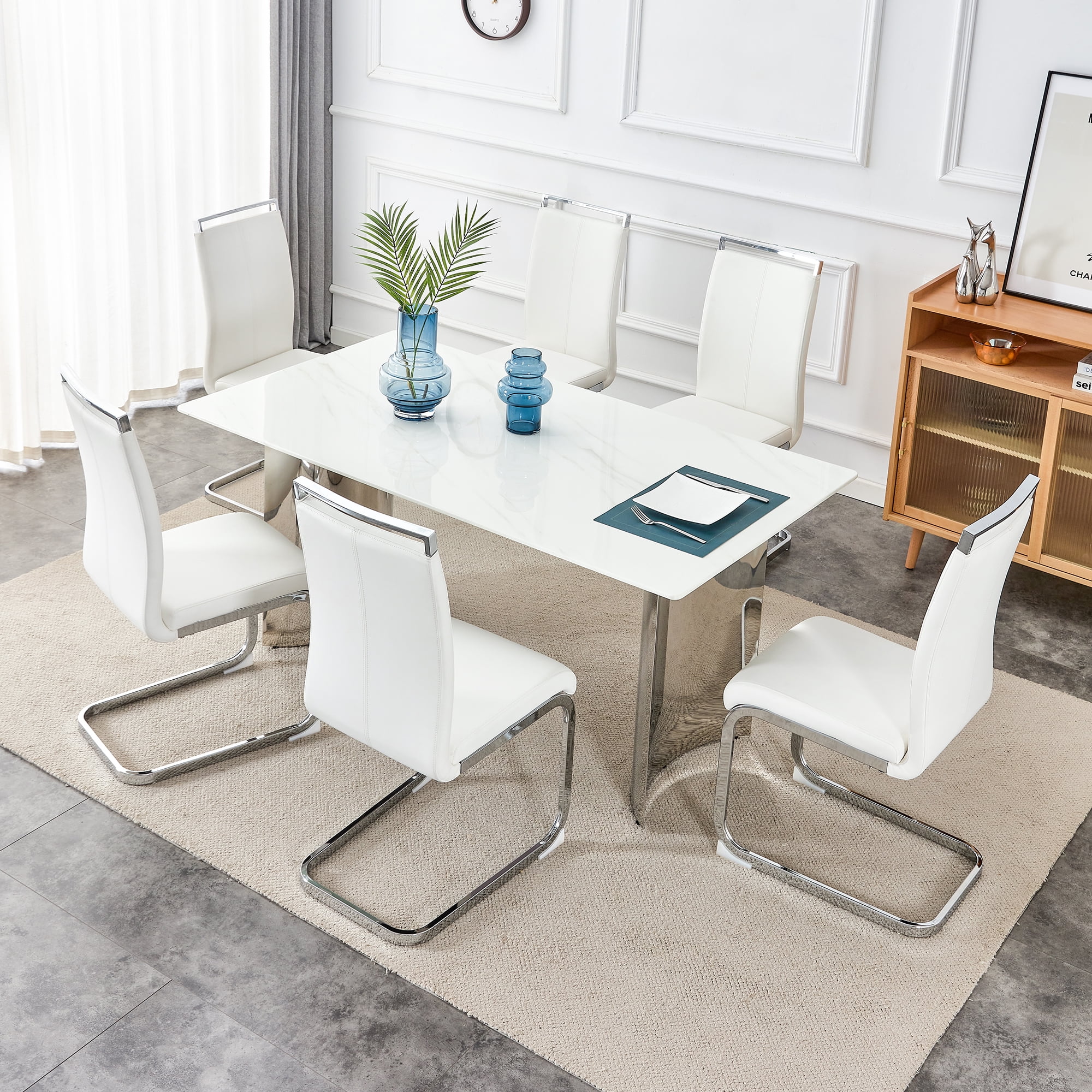 Dining Table Set for 6，Sudica 63" Faux Marble White Rectangular Dining ...