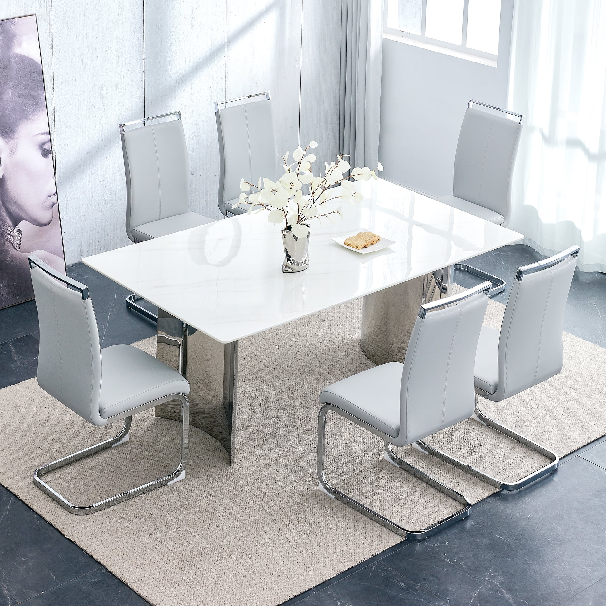 Dining Table Set for 6，Sudica 71" Faux Marble White Rectangular Dining ...