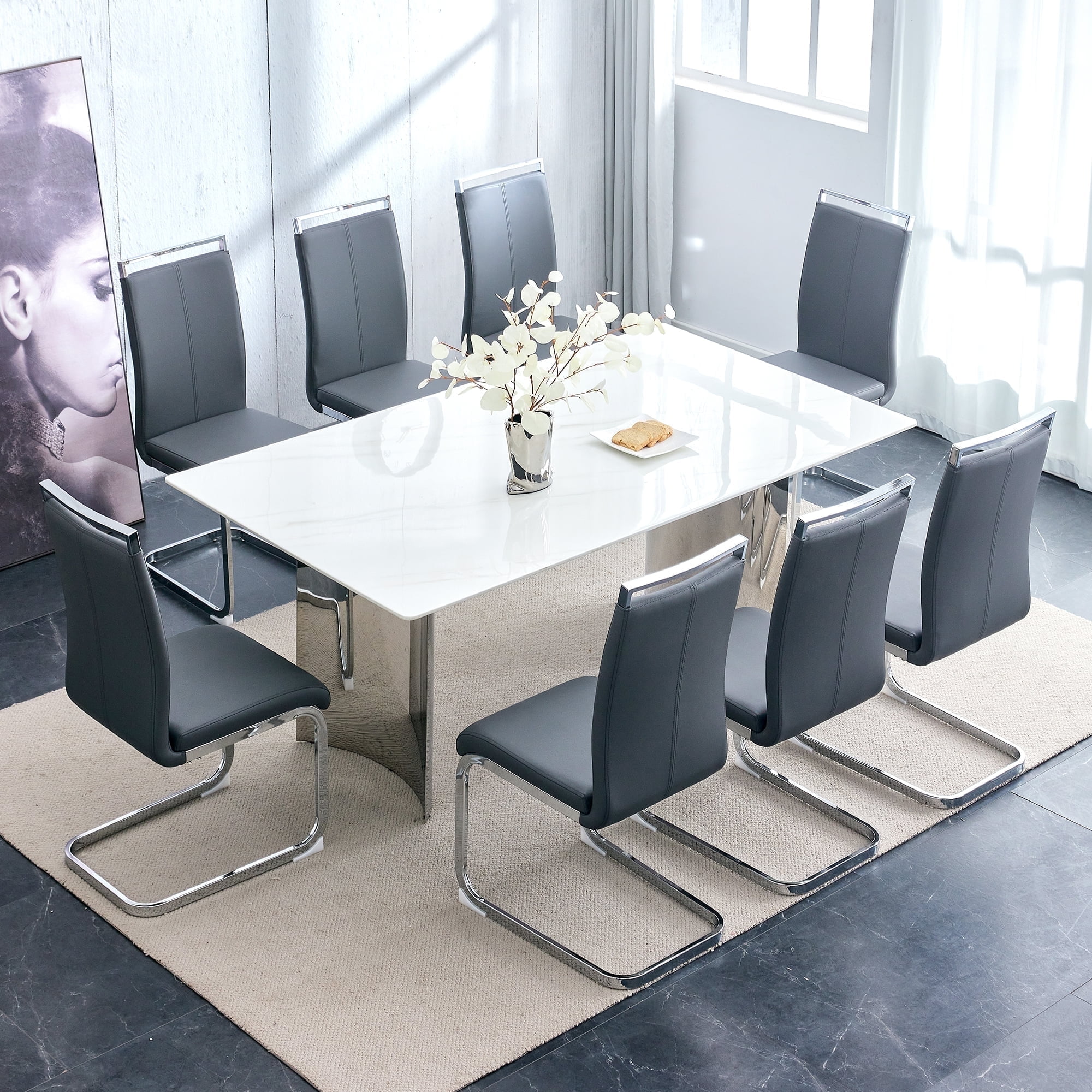 Dining Table Set for 8 And Sudica 71" Faux Marble White Rectangular ...