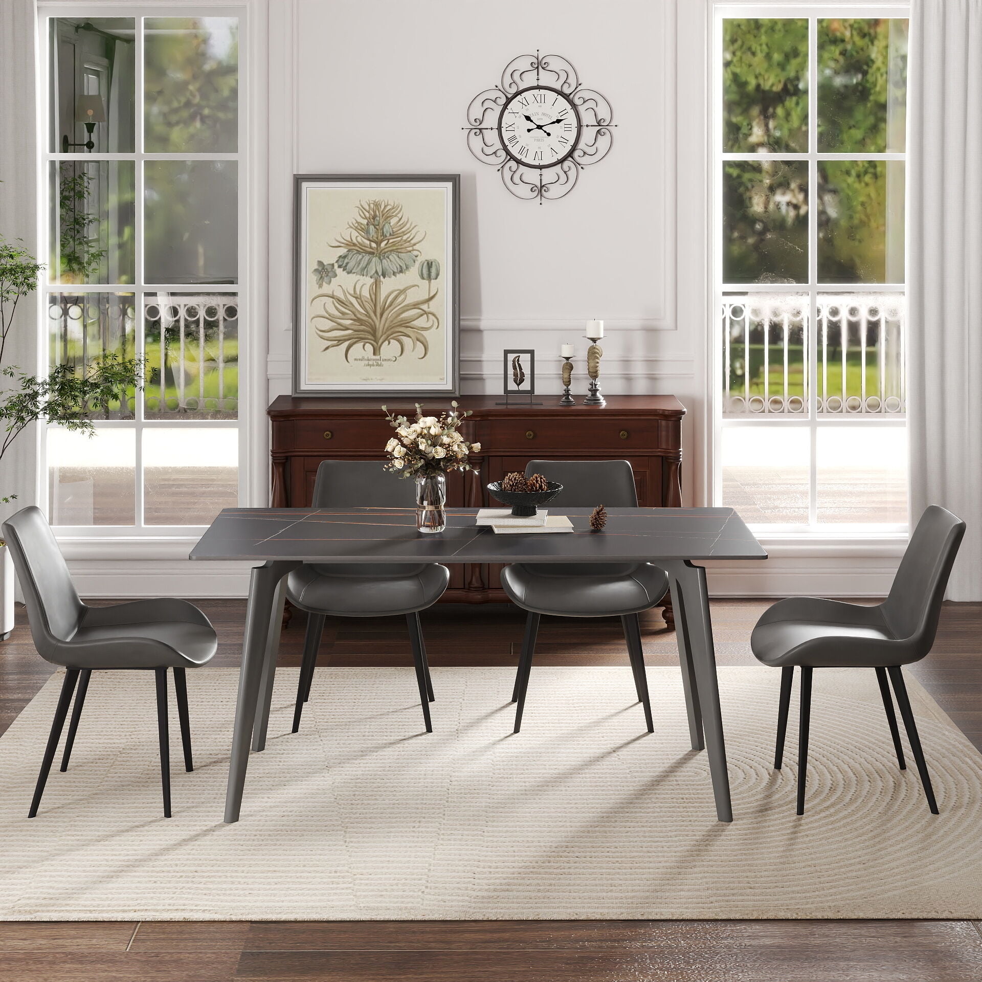 Dining Table Sets 62.99" Modern Artificial Stone Black Straight Edge ...