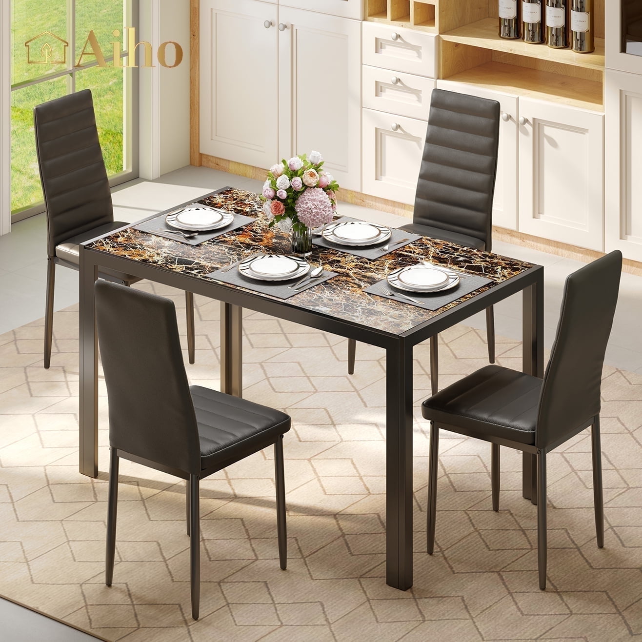 Dining Table Sets Clearance with PU Leather Chairs for 4 - Marble ...