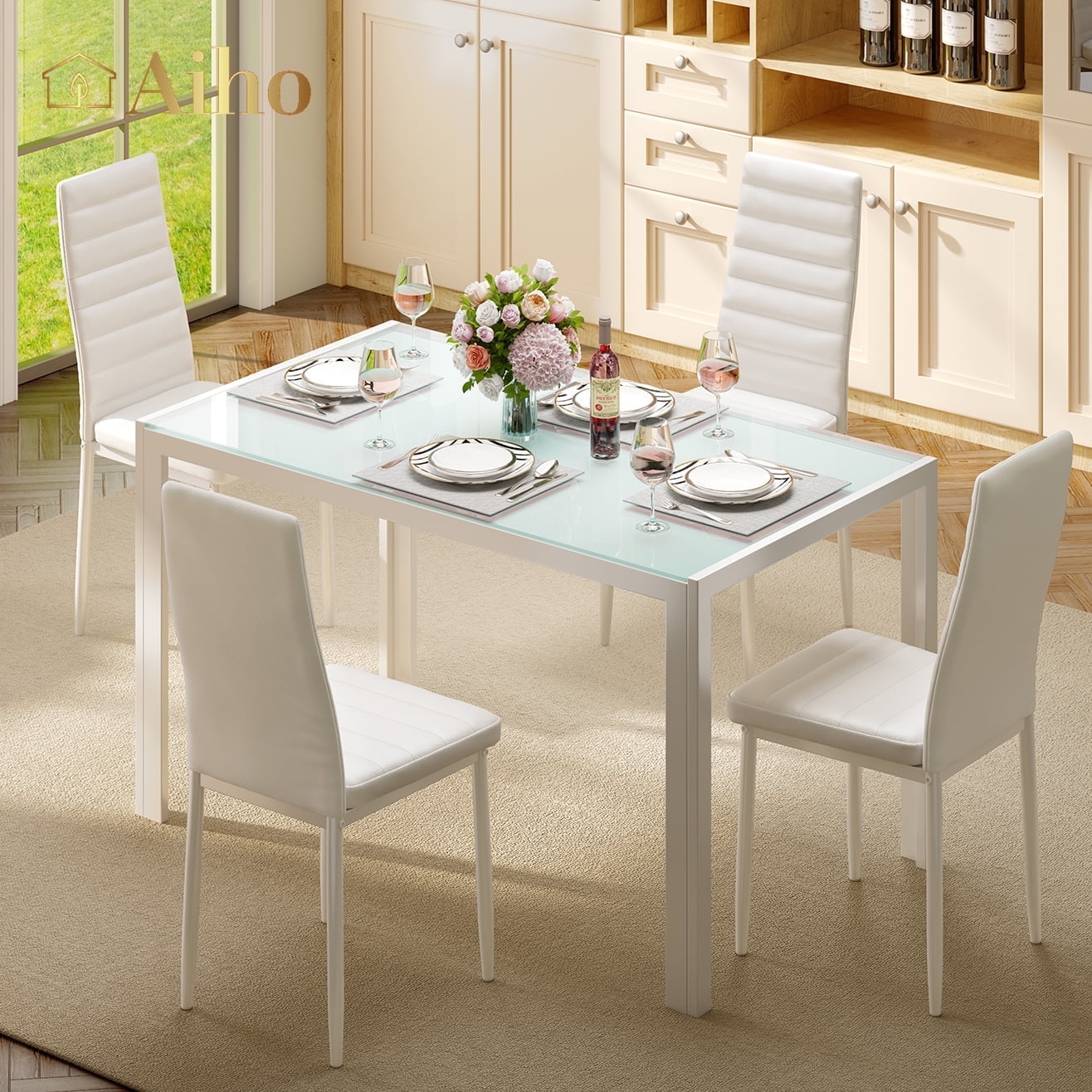 Dining Table Sets Clearance with PU Leather Chairs for 4 - White ...