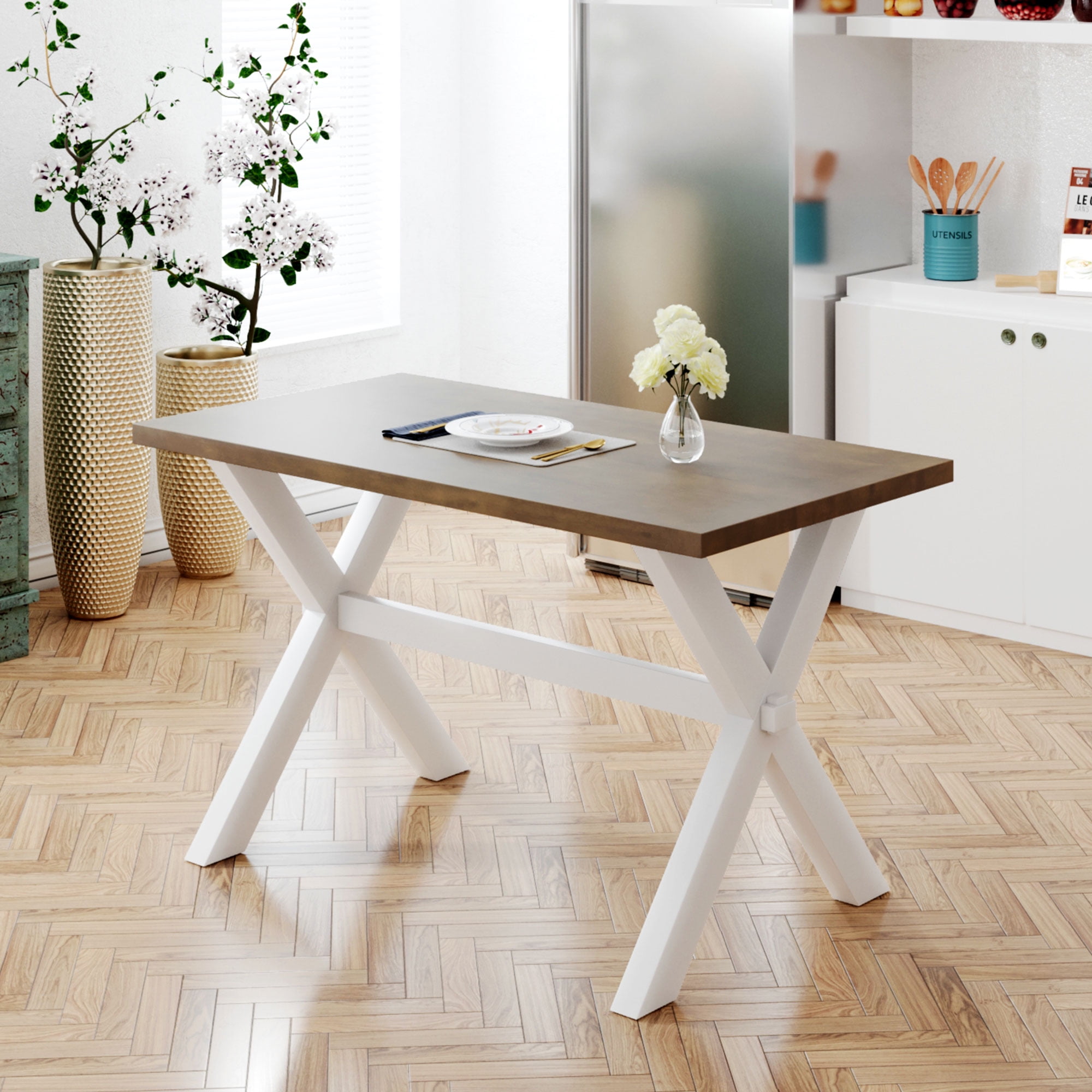 Dining Table, Wood Kitchen Table with X-shaped Design Legs Support ...