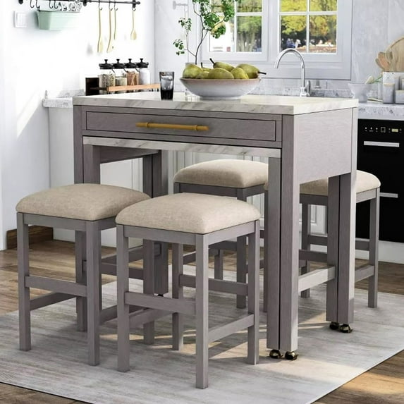Dining Table and 4 Stools Set / Rectangular Shape, Wood Veneer, Storage ...