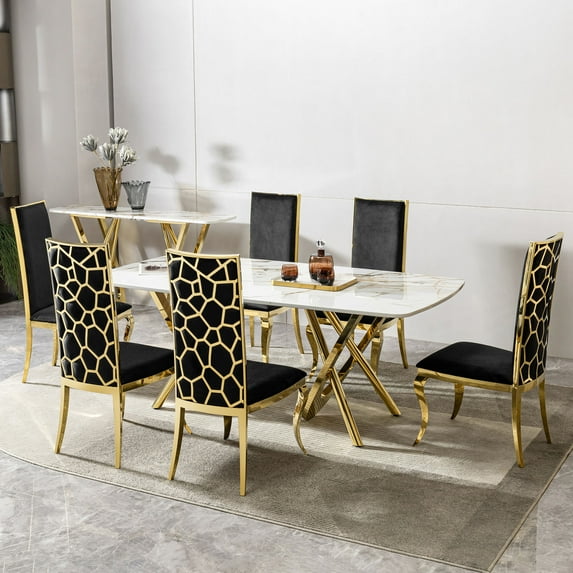 Dining Table and Chair Set / 6 - piece, Marble Pattern, Metal Table ...