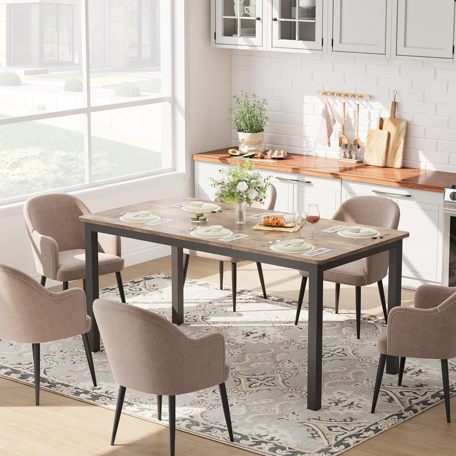 Dining Table for family, Wooden Rectangular Kitchen Table with Metal ...