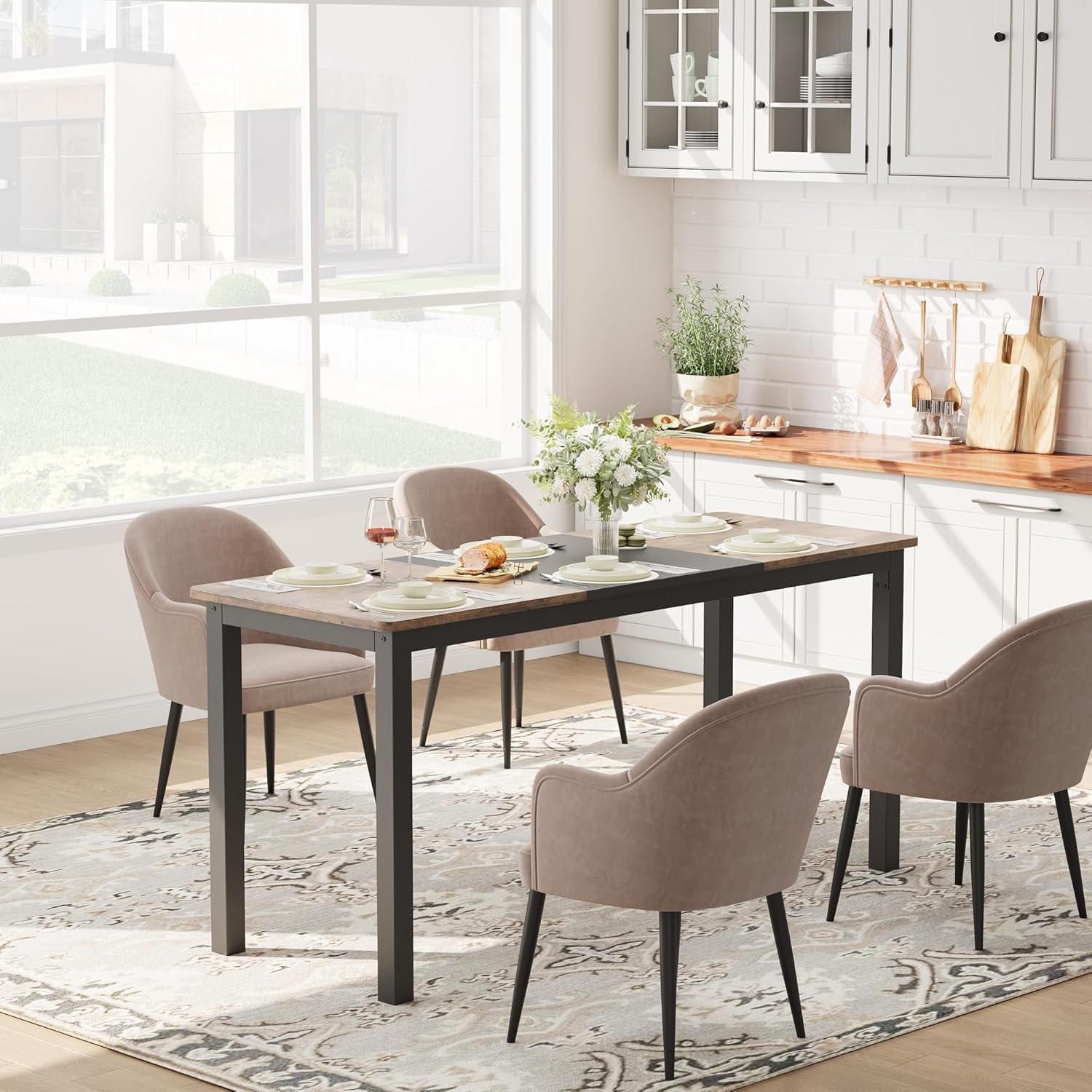 Dining Table for family, Wooden Rectangular Kitchen Table with Metal ...