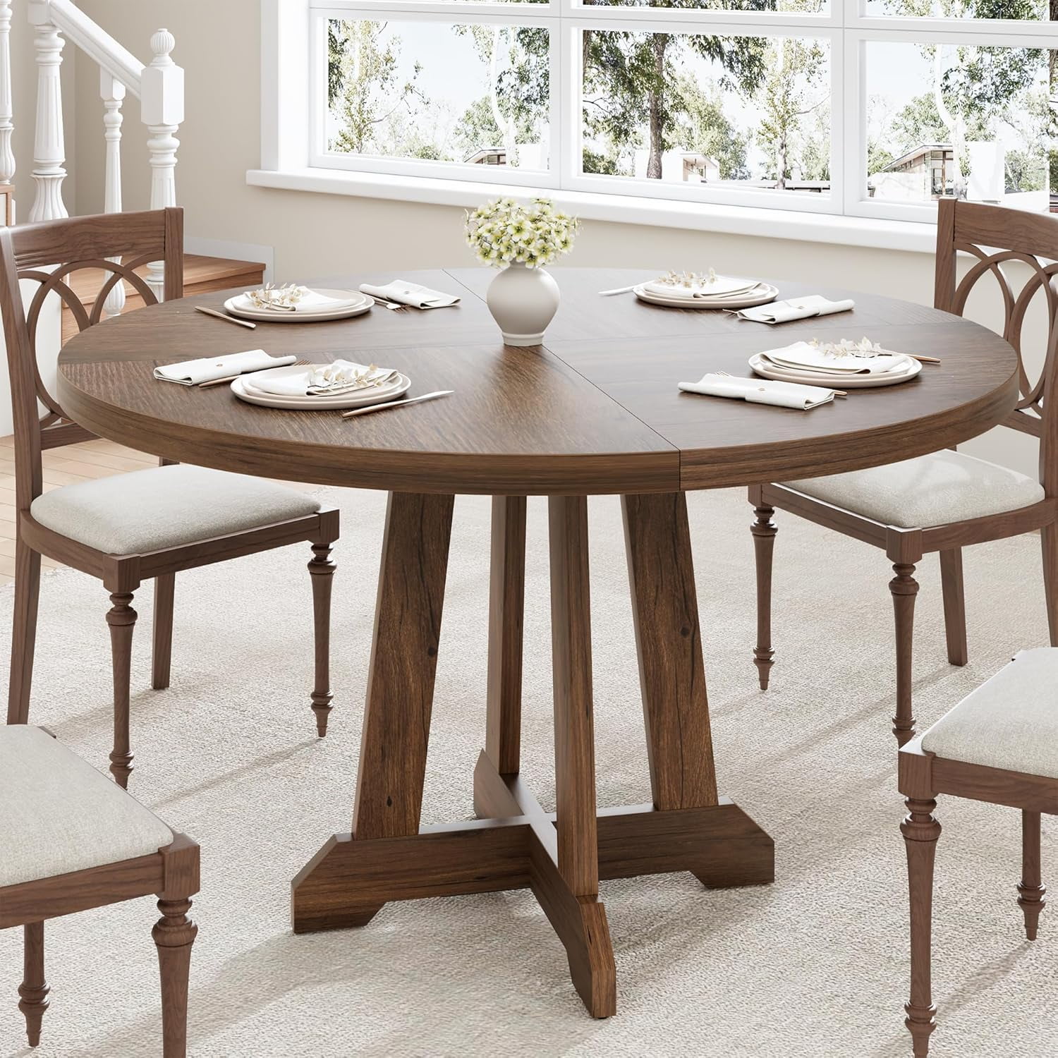 Dining Table for 4-6 People,Round Kitchen Table with Wooden Pedestal ...