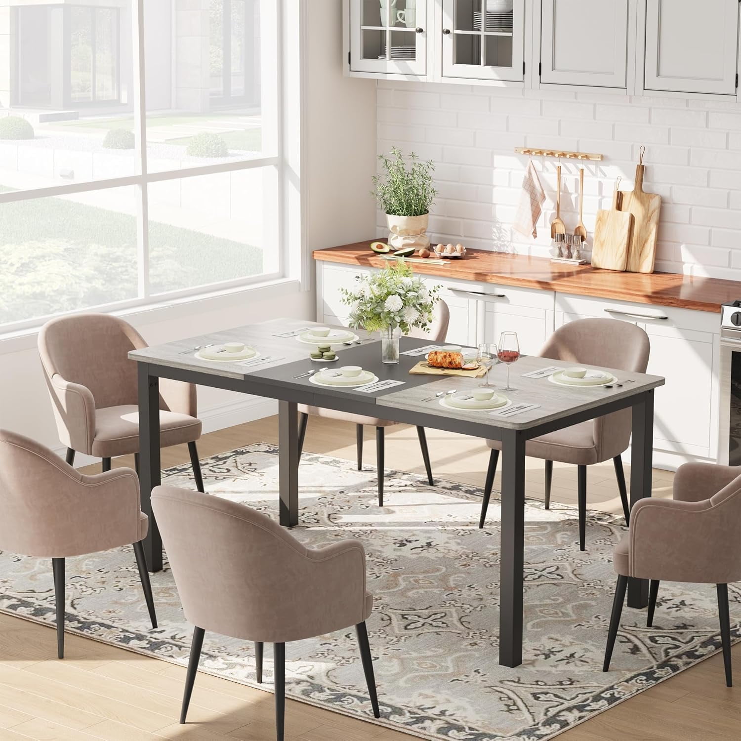 Dining Table for 6, Rectangular Wooden Kitchen Table with Metal Legs ...