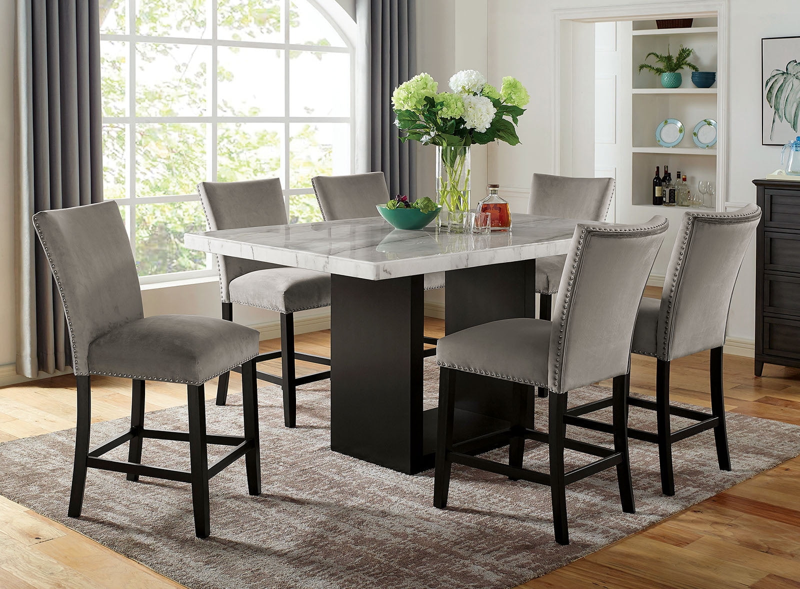 Dining Table w White Marble Top 6x Dining Chairs Nailhead Trim Gray 7pc ...