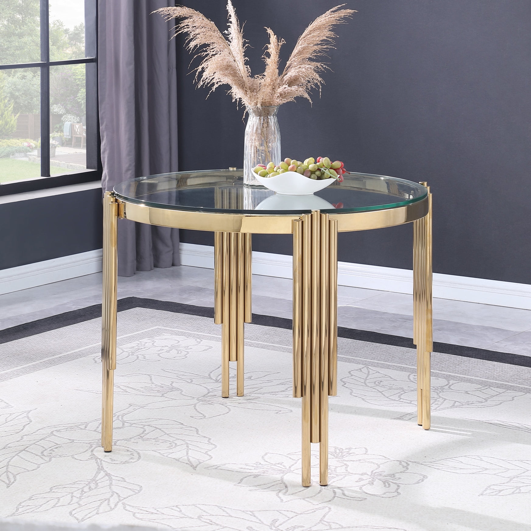 Dining Table with Glass Top / 38.6" Round, Stable Construction, Golden ...