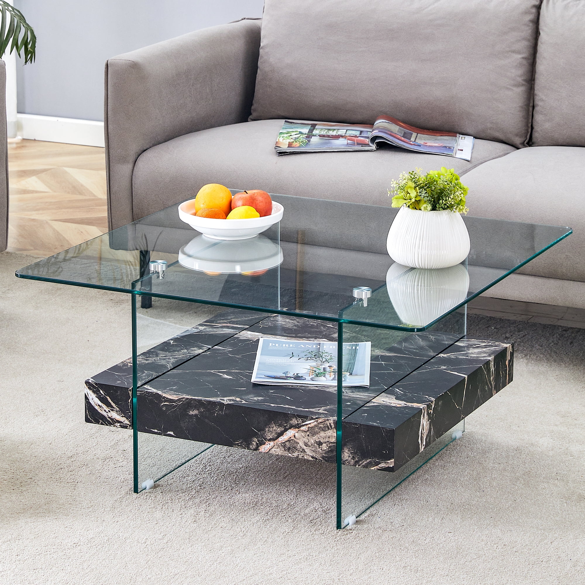 Dining Tables 31.4 Inch Modern Two-Tier Square Coffee Table - An ...