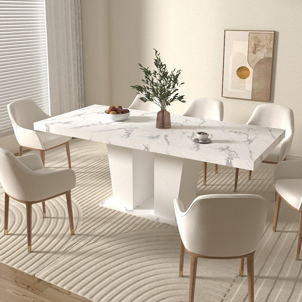 Dining Tables Extendable Dining Room Table for 6-10 Modern White Faux ...