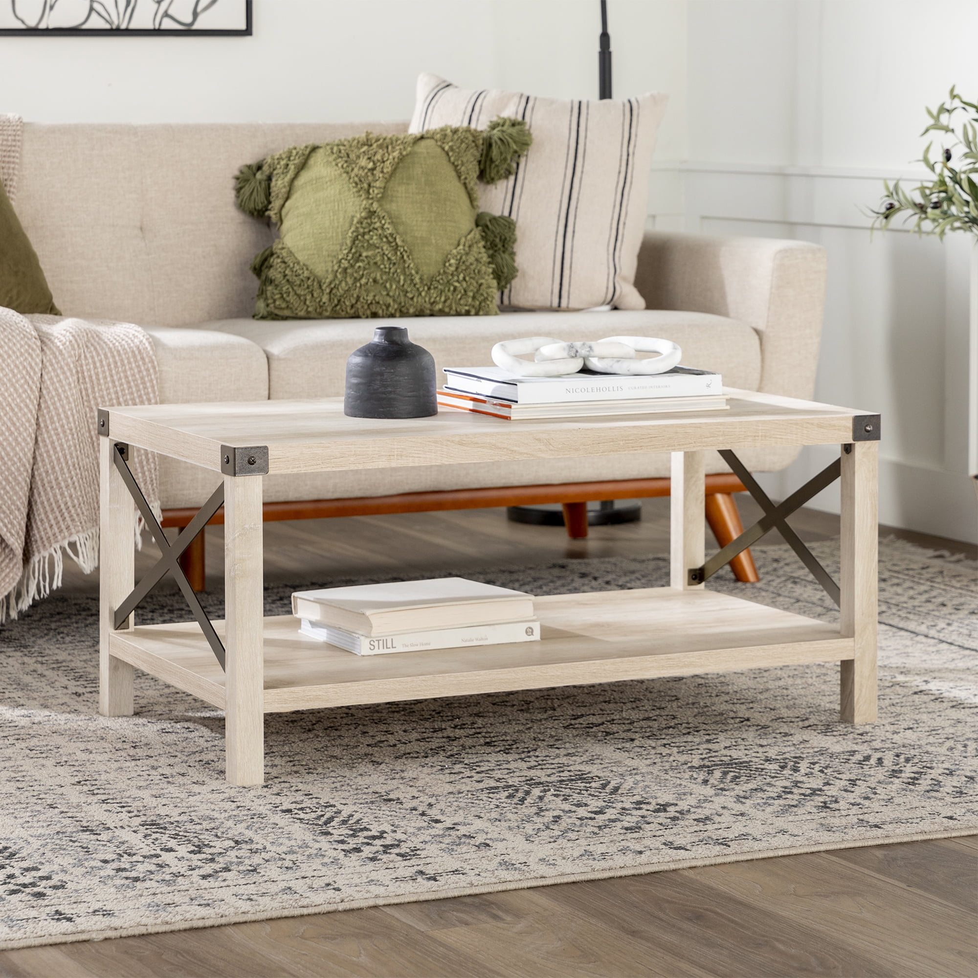 Dining Tables Farmhouse Metal-X Coffee Table with Lower Shelf - White Oak/Bronze,Coffee Tables ...